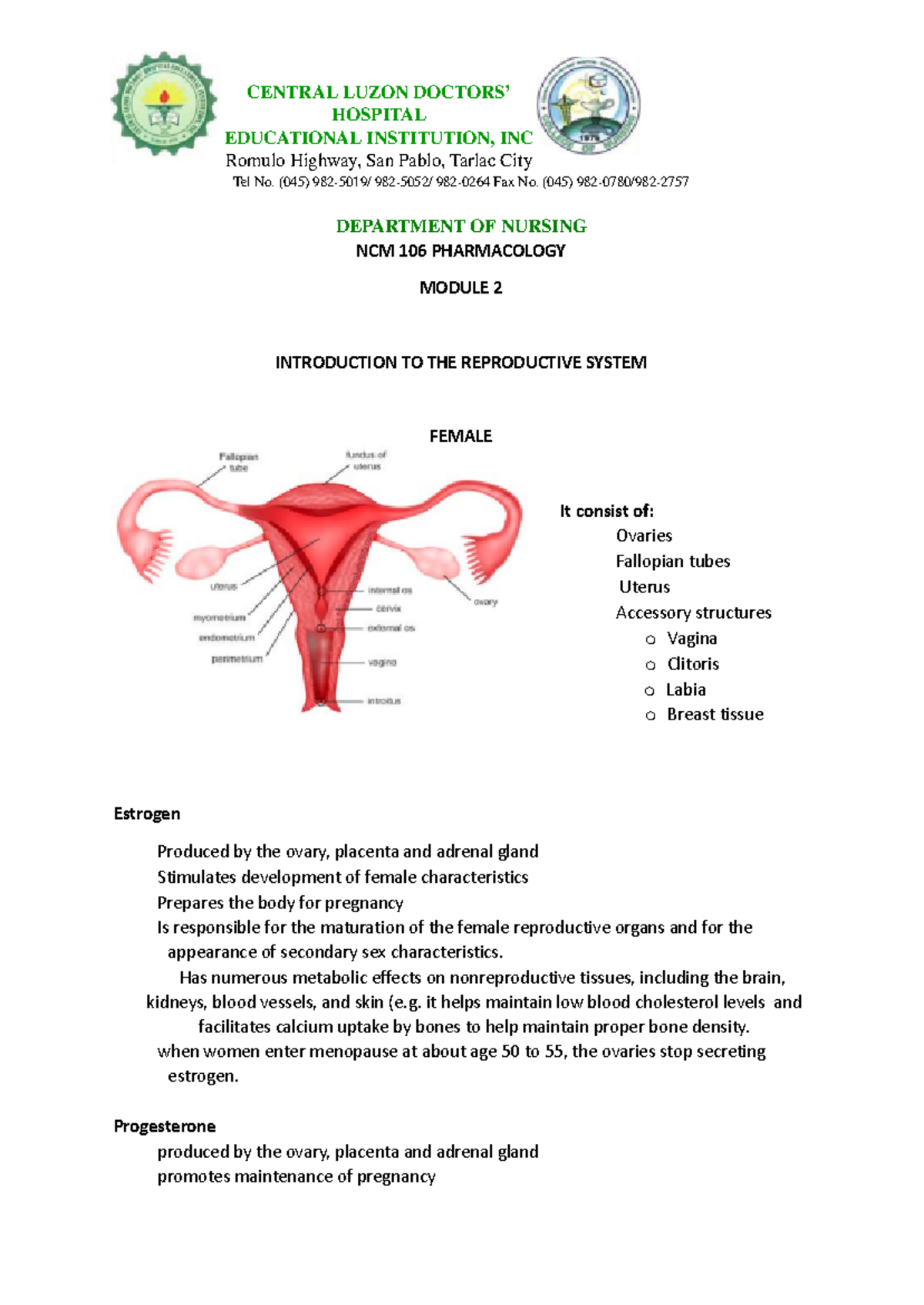Reproductive Drugs - CENTRAL LUZON DOCTORS’ HOSPITAL EDUCATIONAL ...