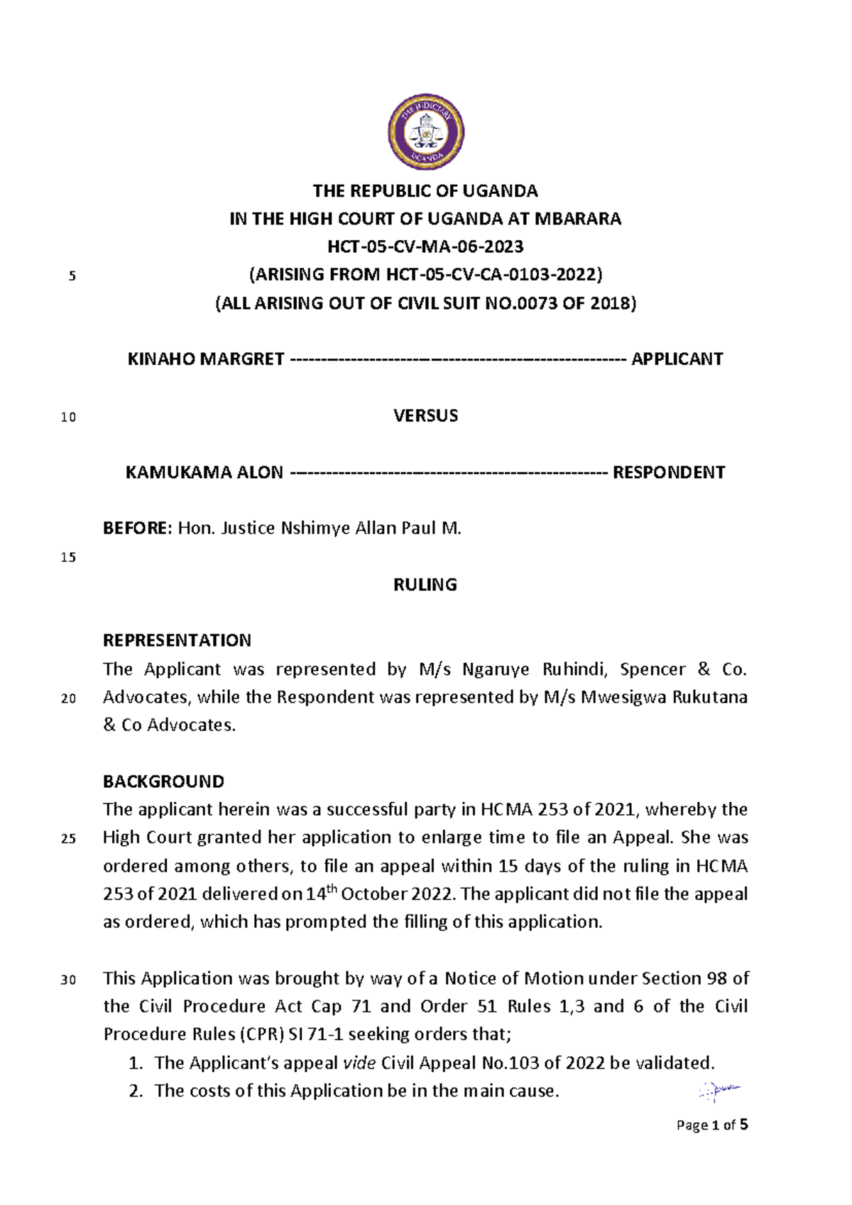 Kinaho v Kamukama (Miscellaneous Application 6 of 2023) 2024 UGHC 135 ...