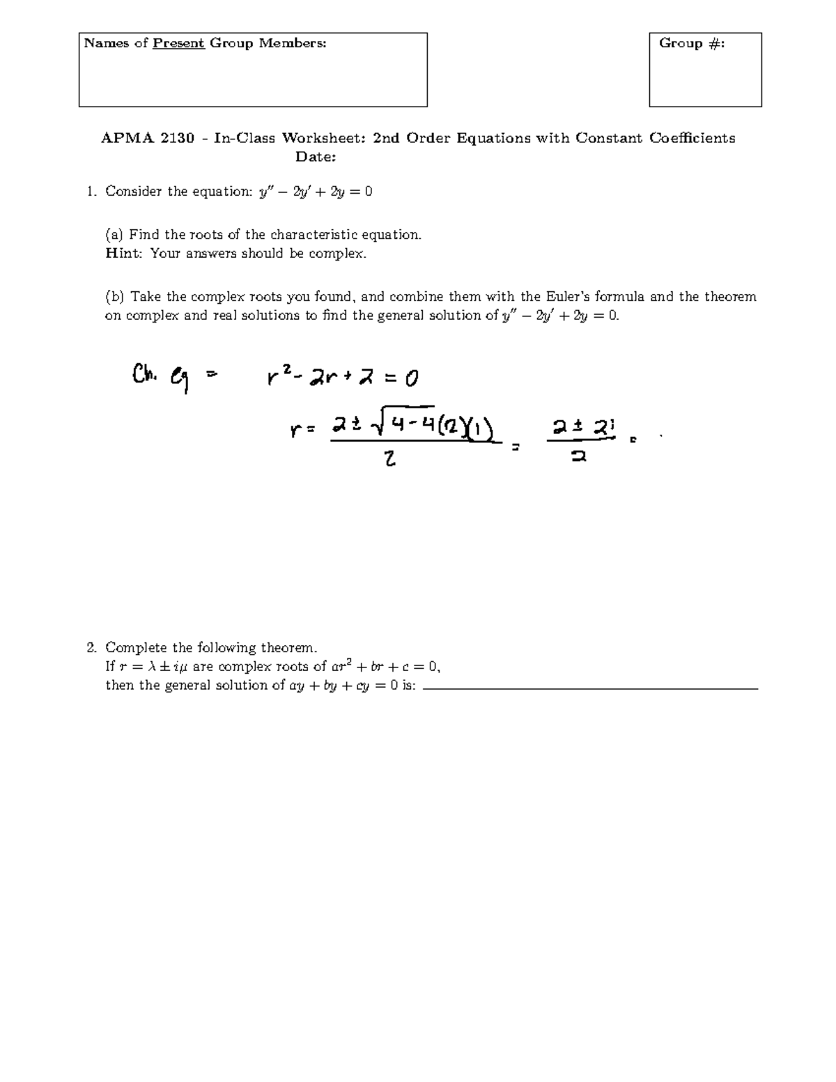 3-1 in class wksht - Names of PresentGroup Members: Group #: APMA 2130 ...