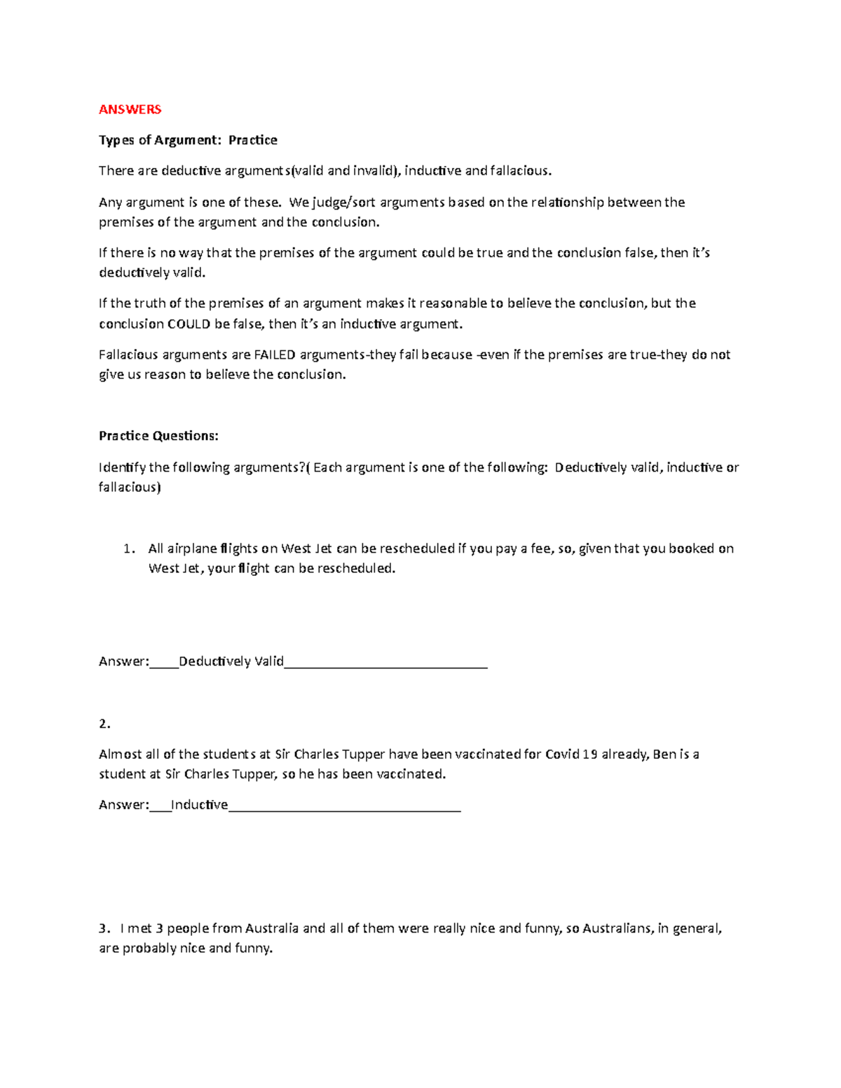 105, deductive and inductive group work, Answers - ANSWERS Types of ...