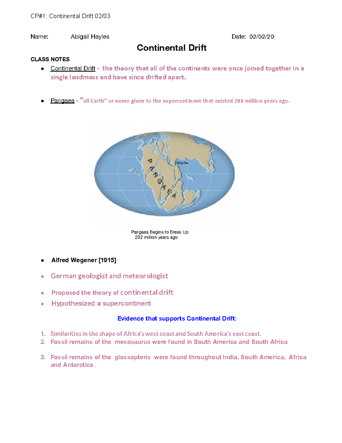 Continental Drift answers - CP#1: Continental Drift 02/ Name: Abigail ...