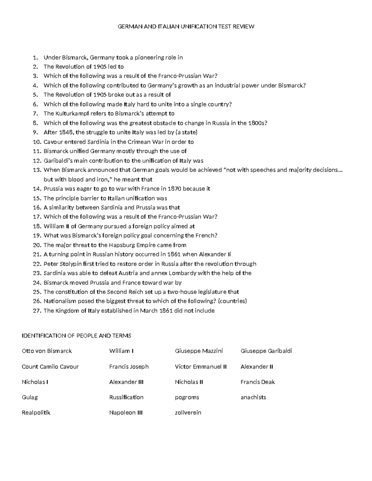 German AND Italian Unification TEST Review 2016 - GERMAN AND ITALIAN ...