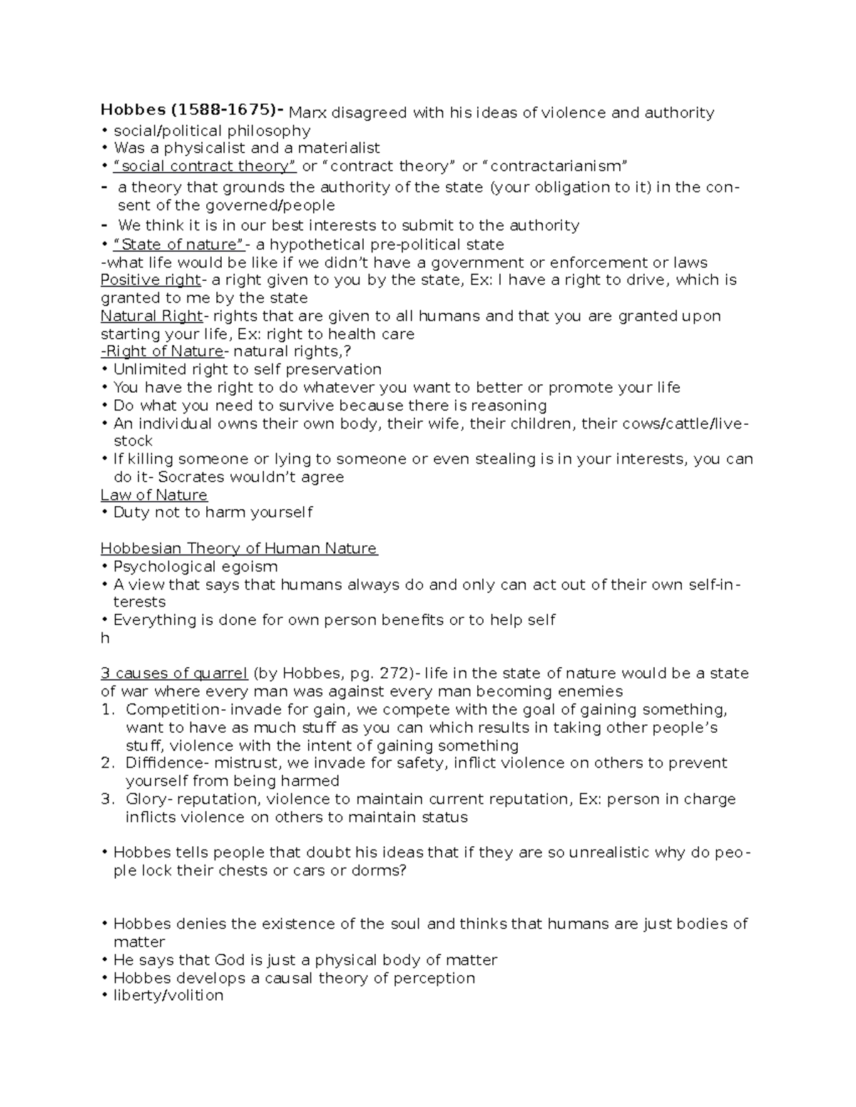 Philosophy in War and Peace Notes - Hobbes (1588-1675)- Marx disagreed ...