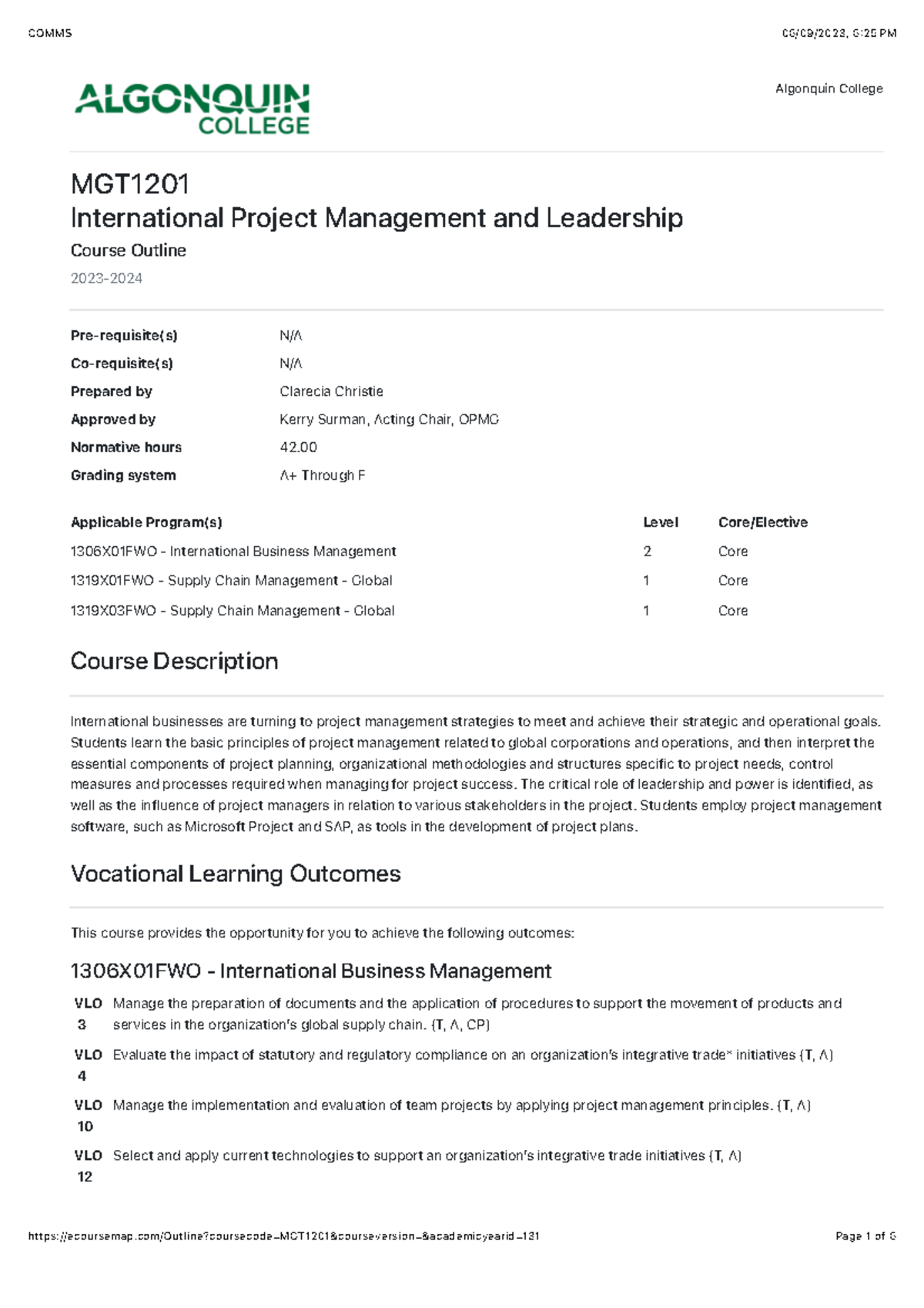 Project managemnet course outline - MGT International Project ...
