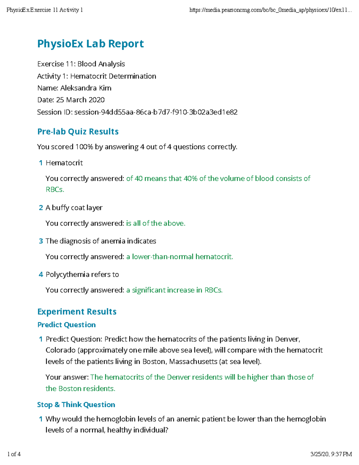 Blood Lab part II - PhysioEx Lab Report Exercise 11 : Blood Analysis ...