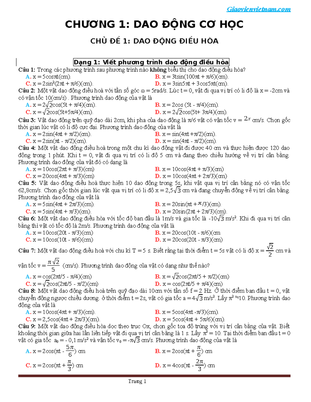 Phan dang bai tap Dao dong dieu hoa - CHƯƠNG 1: DAO ĐỘNG CƠ HỌC CHỦ ĐỀ 1: DAO ĐỘNG ĐIỀU HÒA Dạng ...