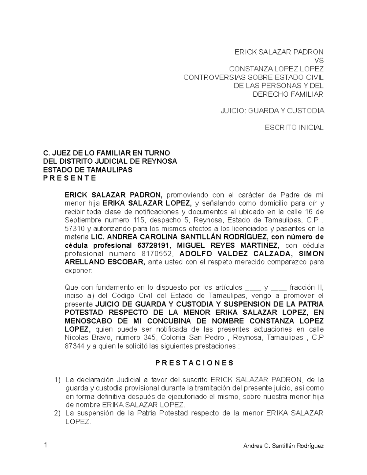 Custodia Demnda - ACT DEMANDA - ERICK SALAZAR PADRON VS CONSTANZA LOPEZ ...