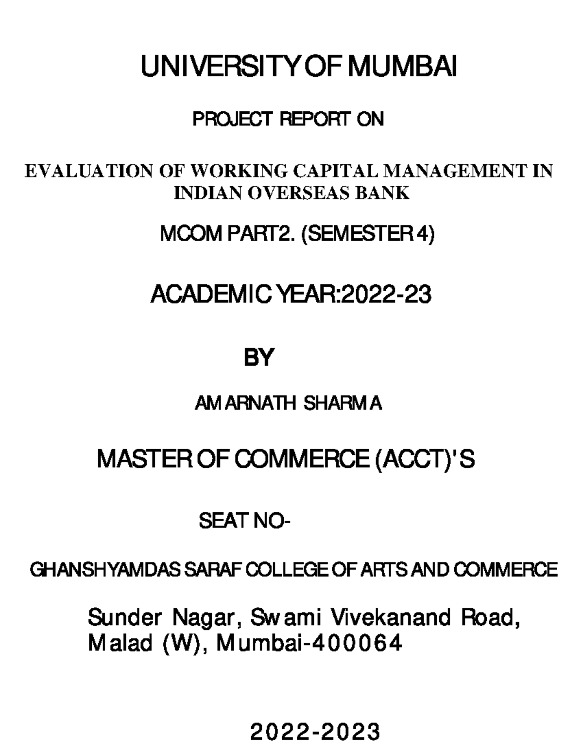 Project sem 4th - UNIVERSITY OF MUMBAI ACADEMIC YEAR: 2022 - 23 MCOM PART 2. (SEMESTER 4 ...