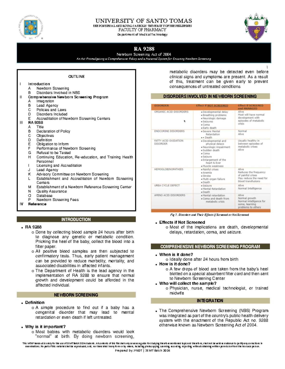 RA 9288 Newborn Screening Act of 2004 - UNIVERSITY OF SANTO TOMAS THE PONTIFICAL AND ROYAL ...