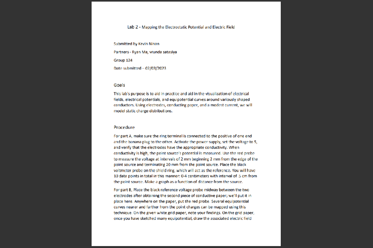 1 - Full report of Lab 2 - Mapping the Electrostatic Potential and ...