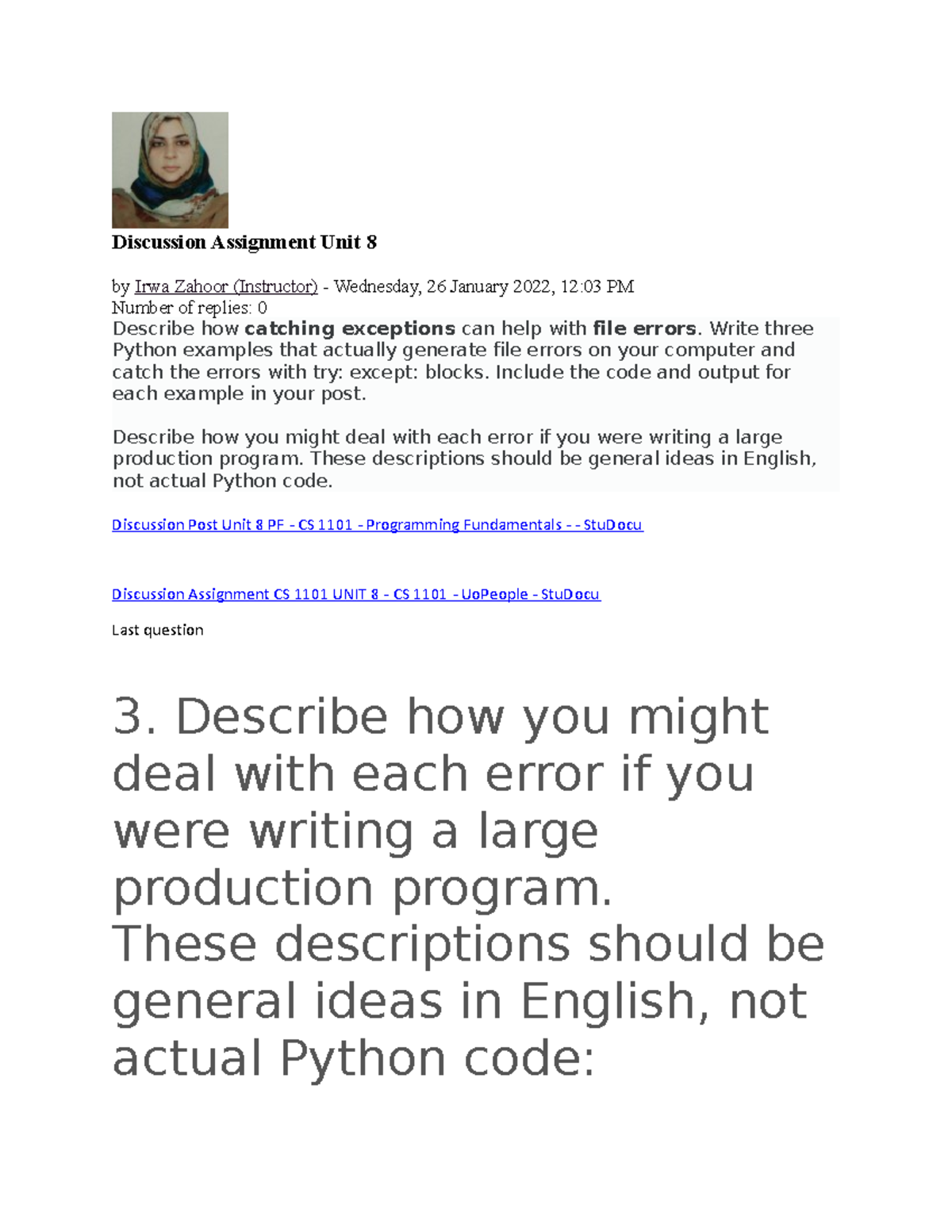 Discussion Assignment Unit 8 - Write three Python examples that ...