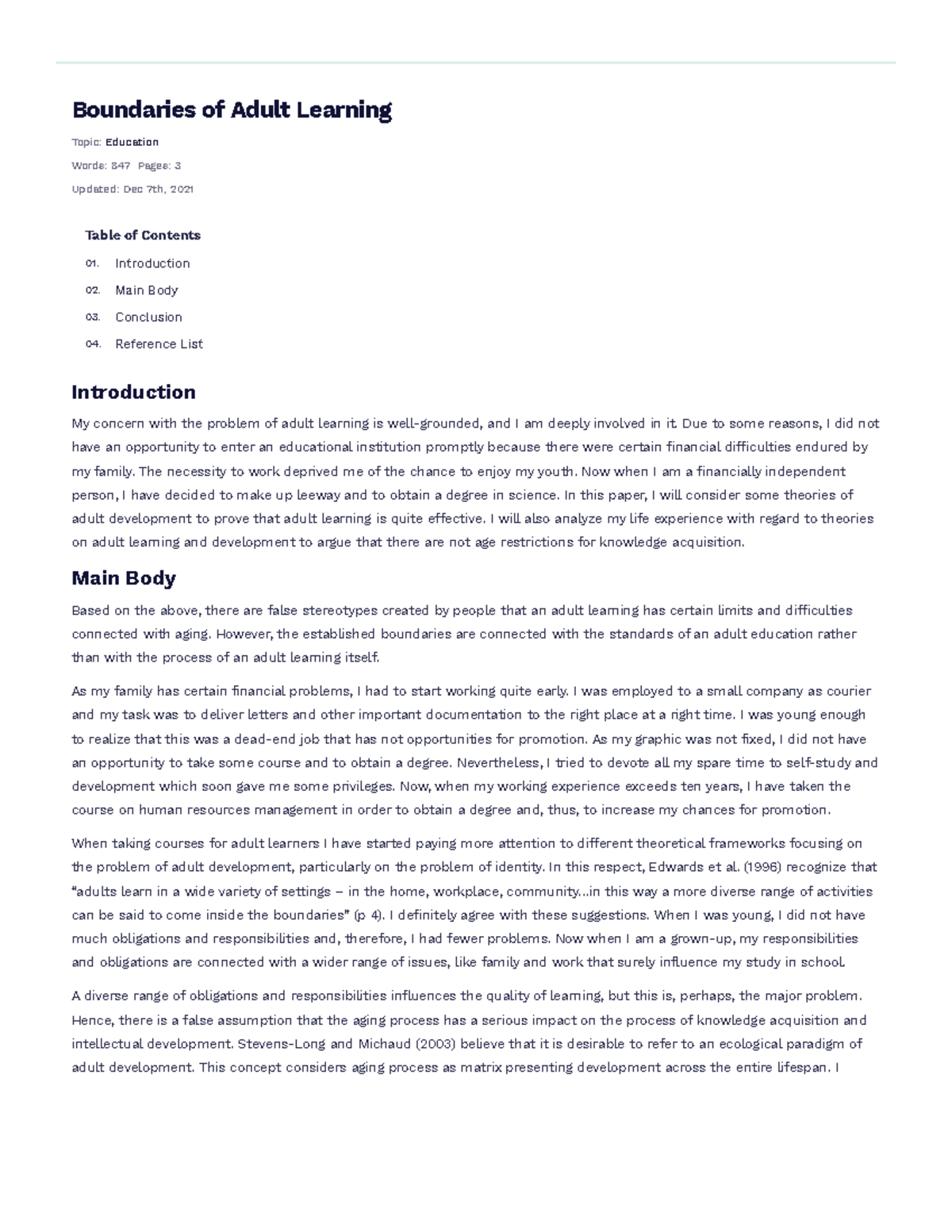 Boundaries of Adult Learning Free Essay Example - Boundaries of Adult ...