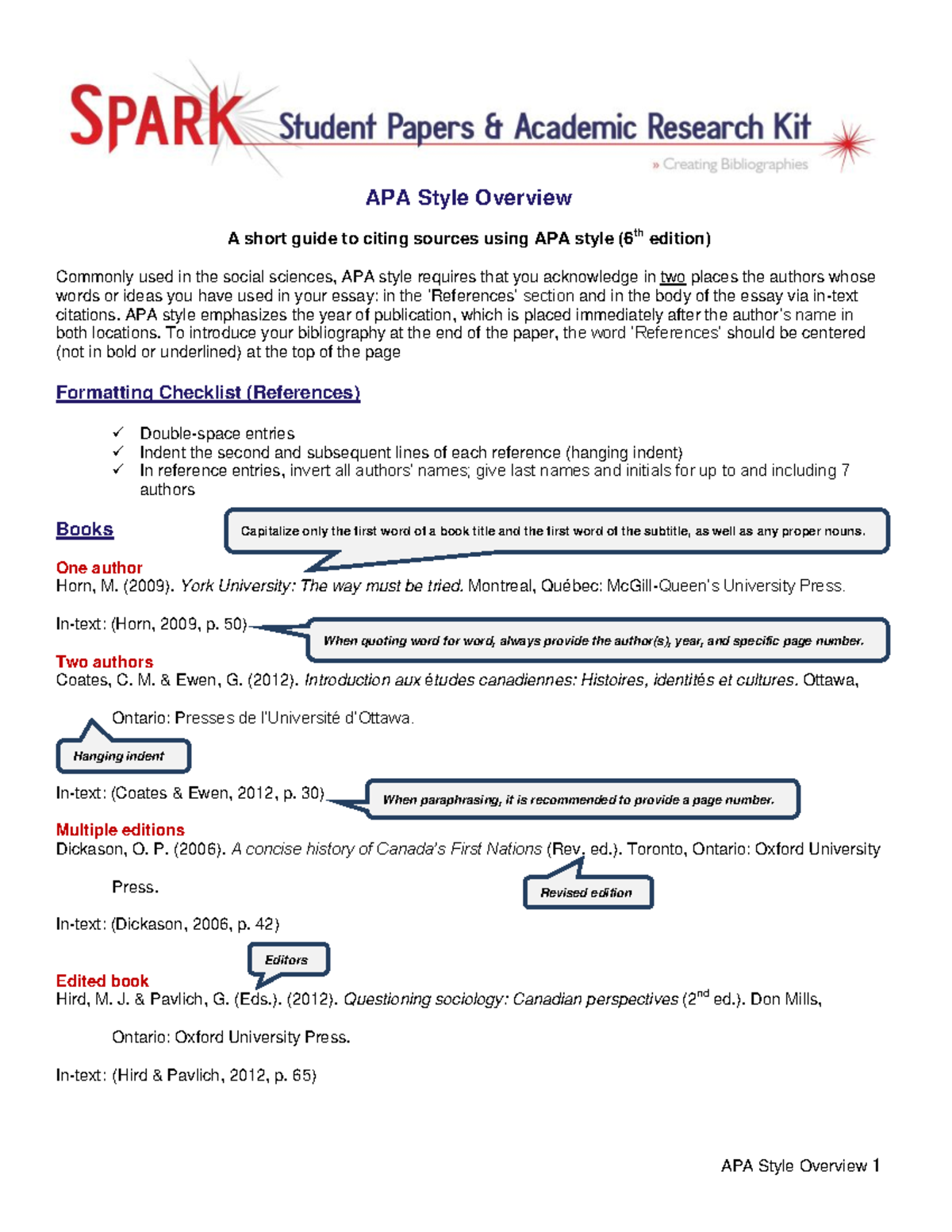 APA - Spark Guide to Citations - APA Style Overview A short guide to ...