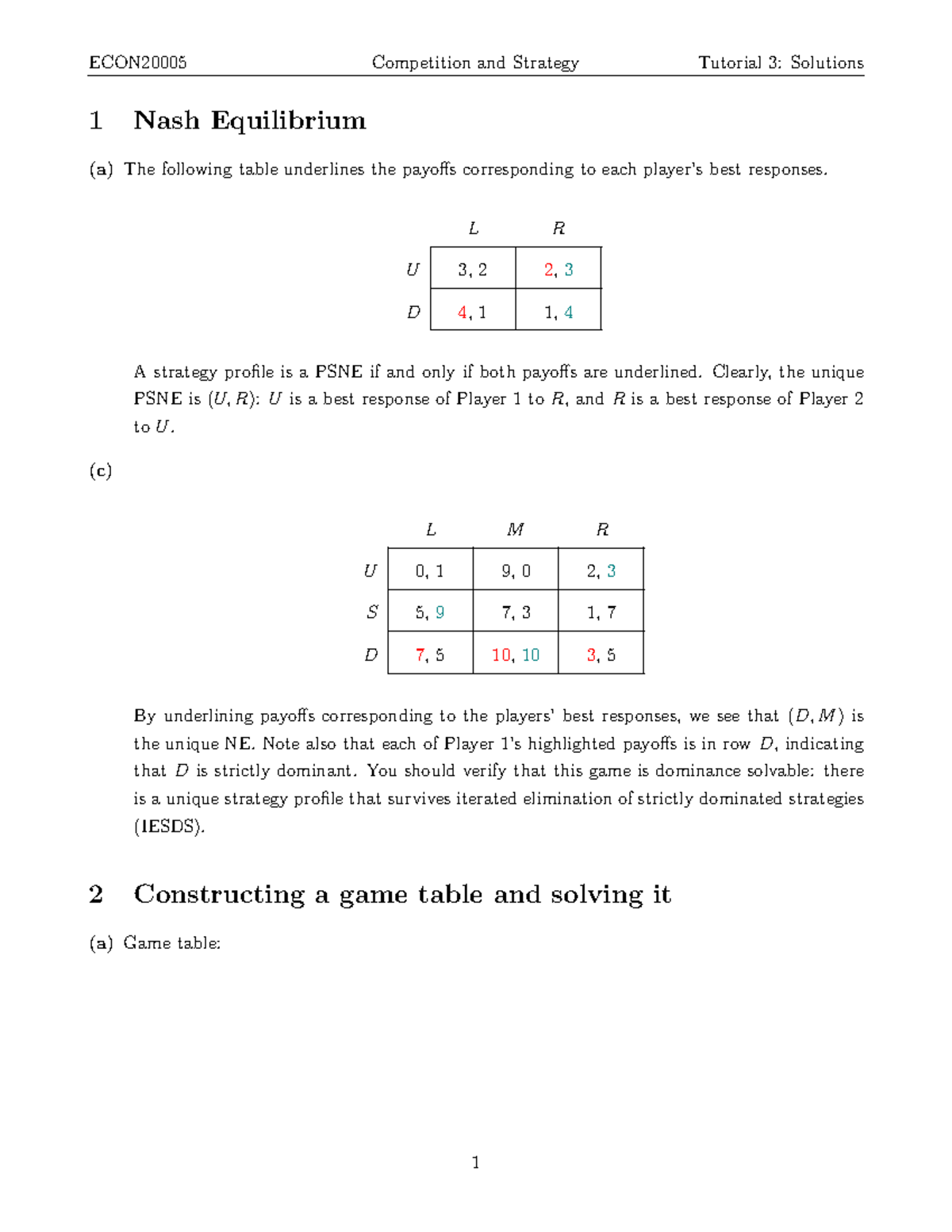 2000 5 tutorial 3sol - 1 Nash Equilibrium (a) The following table ...