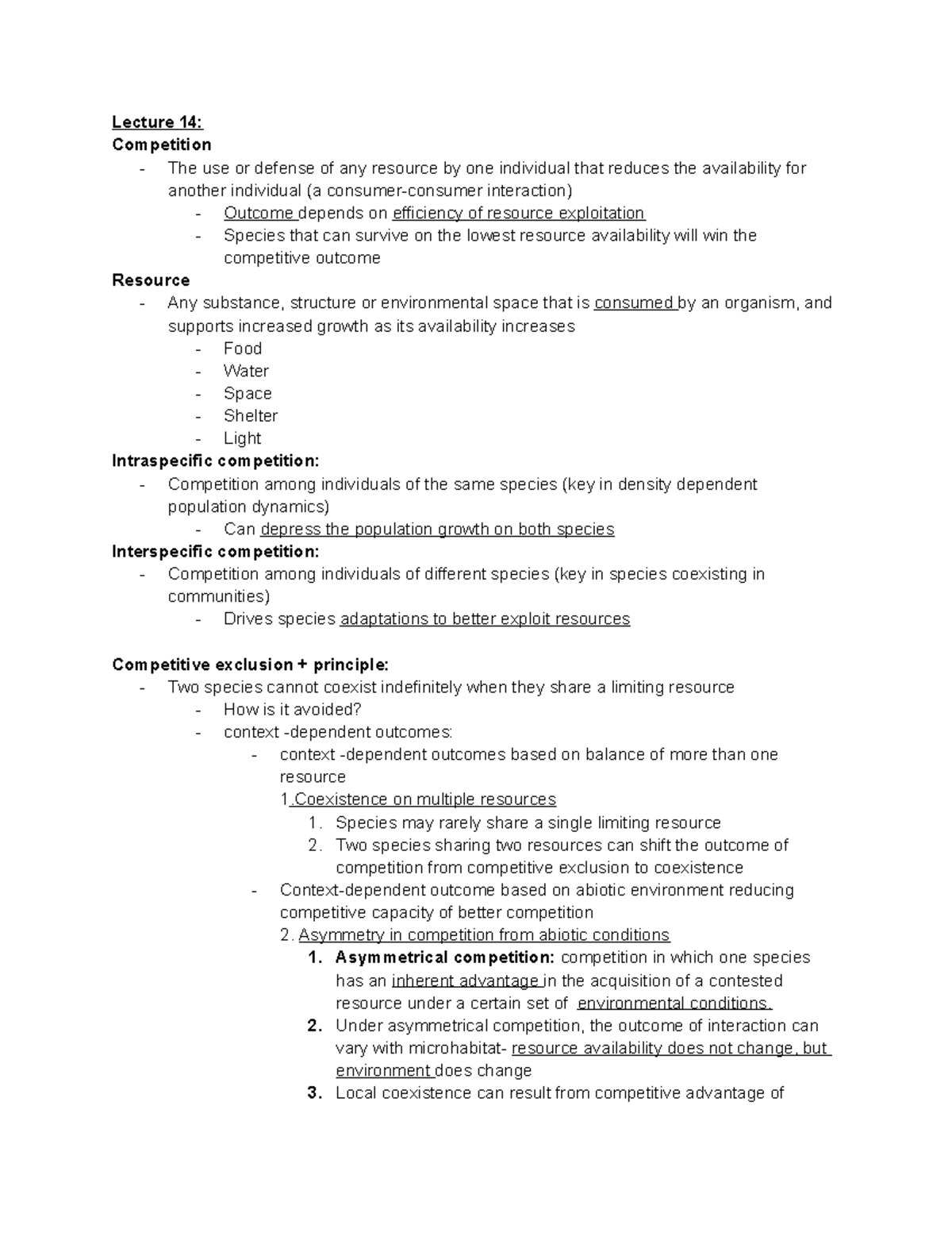 Ecology Final - Lecture notes second half - Lecture 14: Competition ...