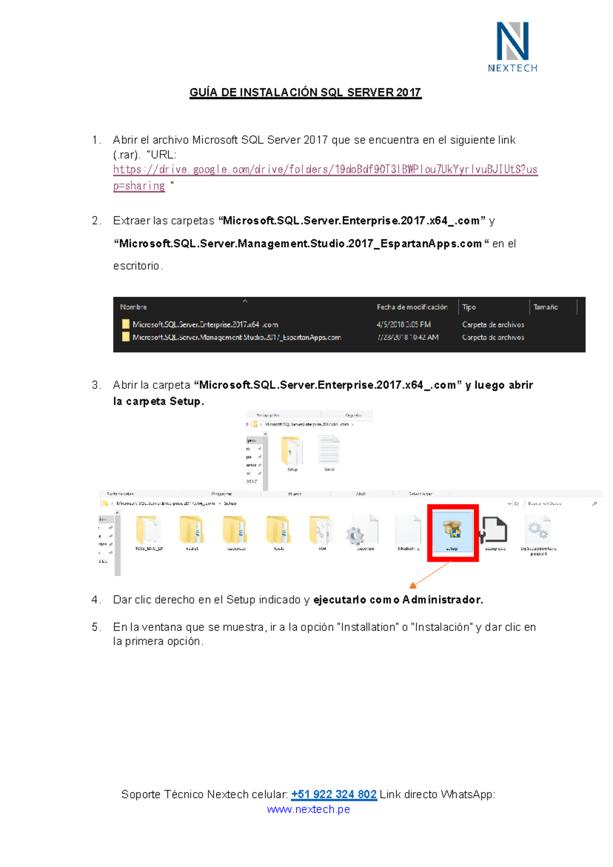 GUIA DE Instalacion - SQL Server 2017 - Soporte Técnico Nextech celular: +51 922 324 802 Link ...