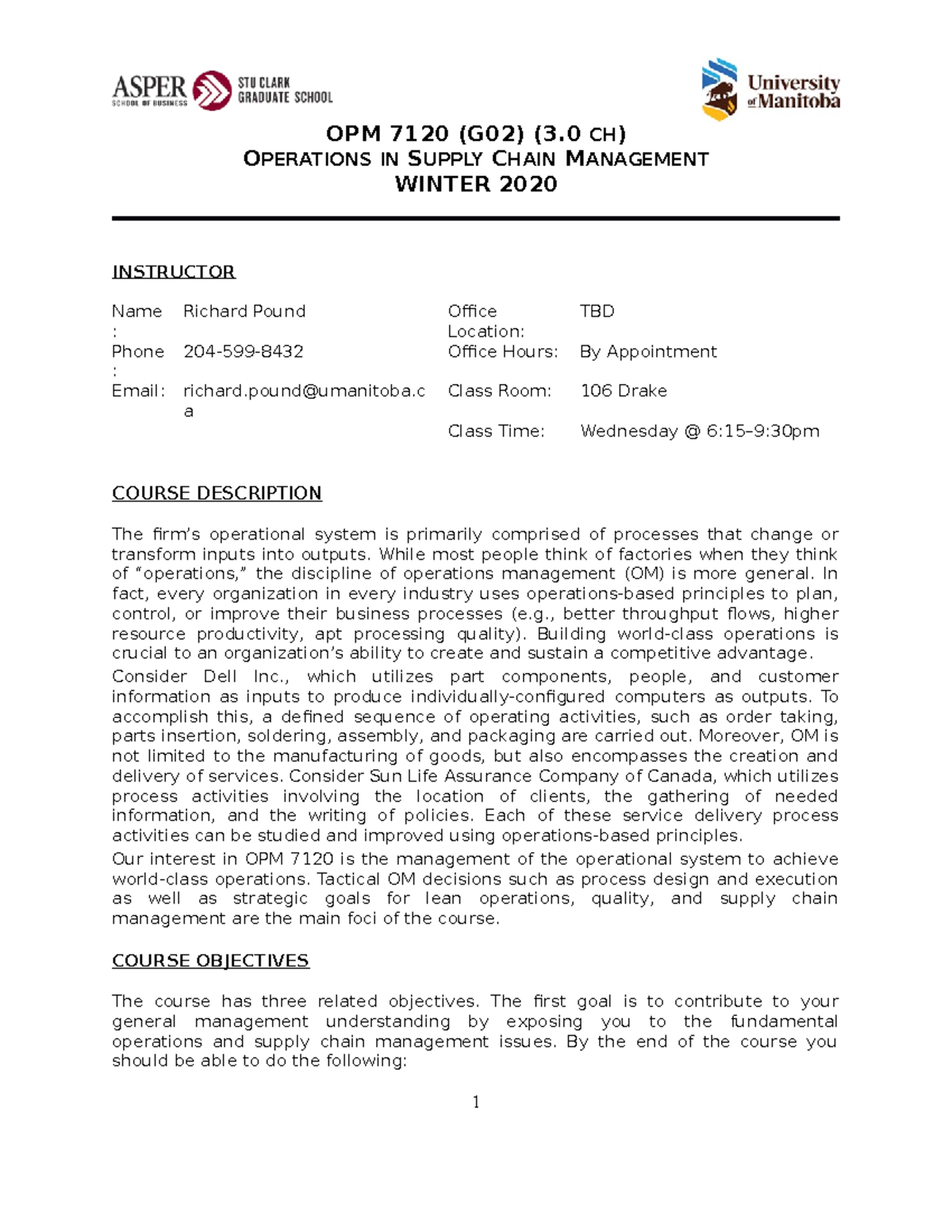 OPM 7120 - G02 Course Outline Winter 2020 - OPM 7120 (G02) (3 CH ...