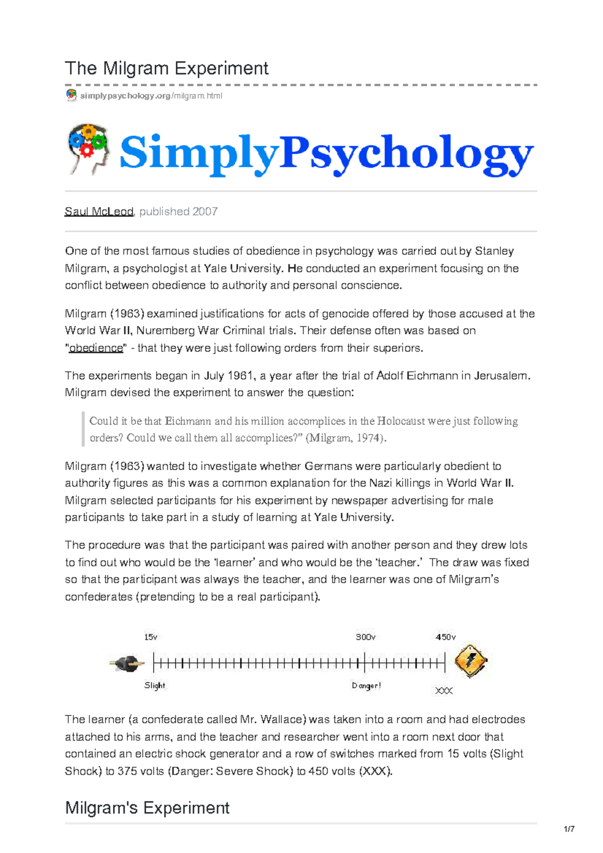 Simplypsychology - core study key paper - The Milgram Experiment ...