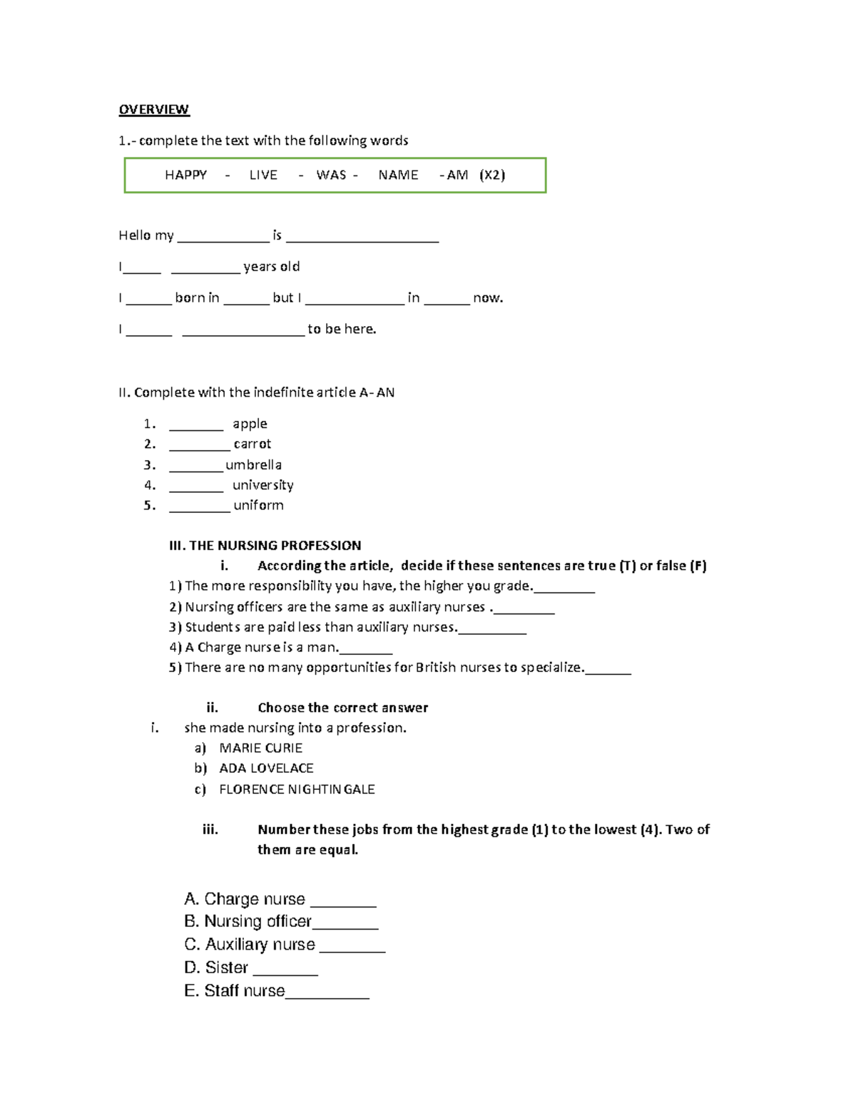 Repaso General - Summary adulto mayor - OVERVIEW 1.- complete the text with the following words ...