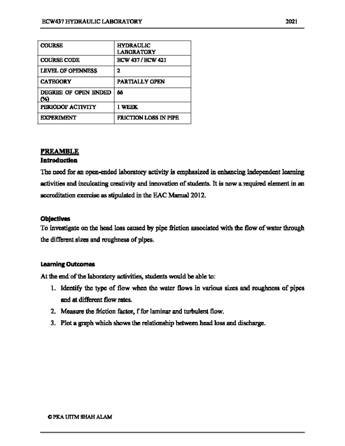 Friction loss in pipe lab report - Hydraulics Laboratory - UiTM - Studocu