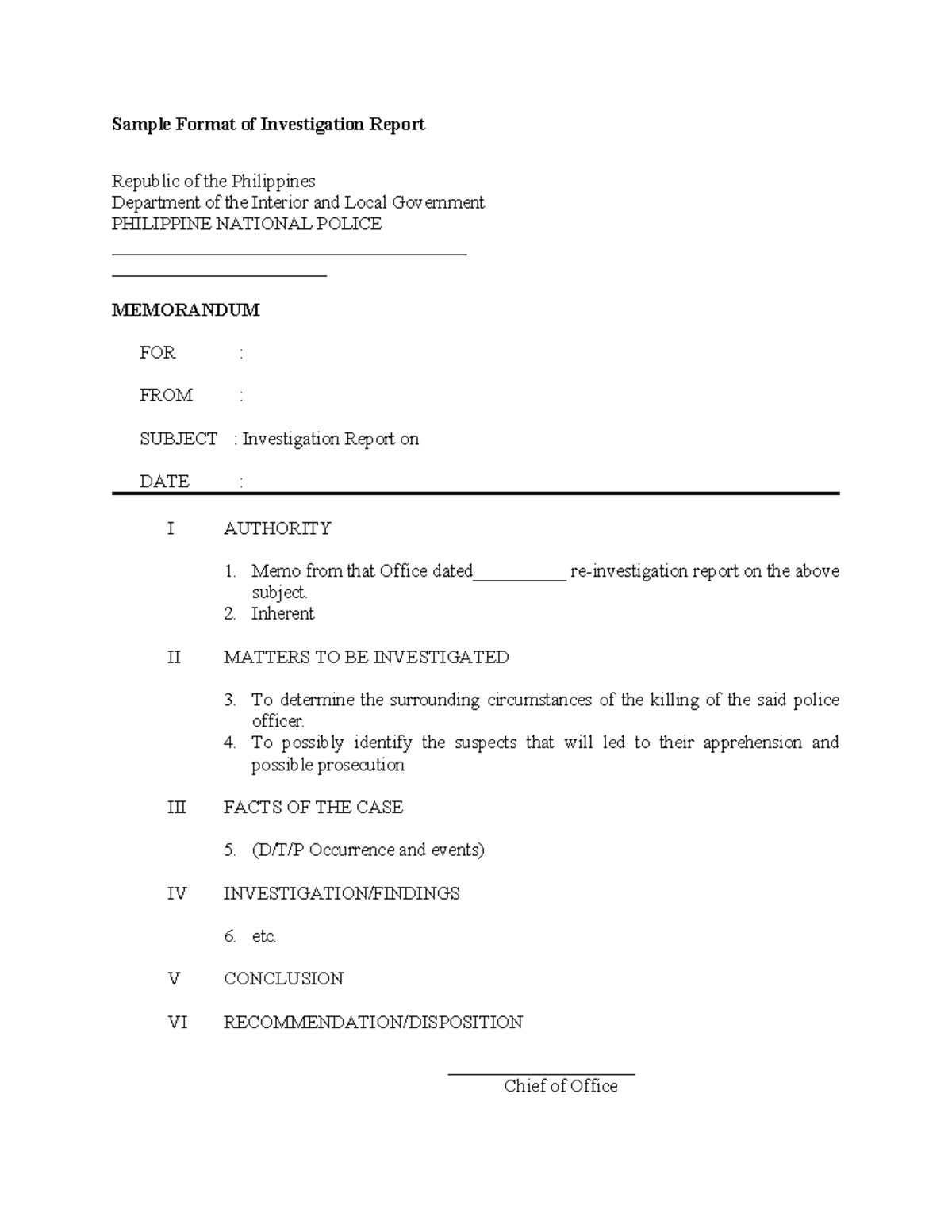 Sample Format of Investigation Report - Sample Format of Investigation ...