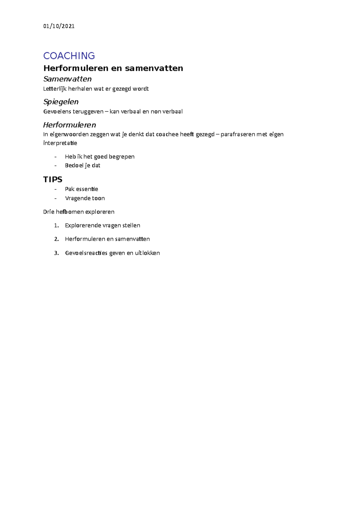 Coaching - 01/10/ COACHING Herformuleren en samenvatten Samenvatten ...