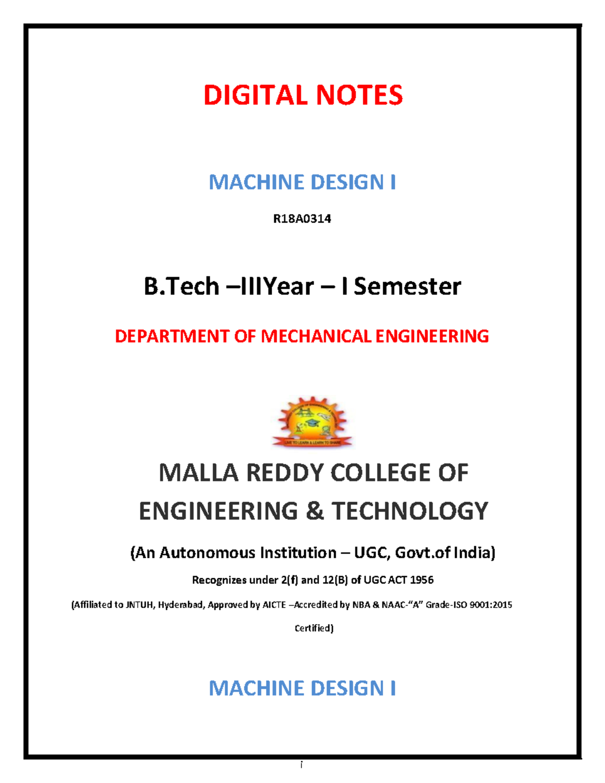 Machine Design notes - i DIGITAL NOTES MACHINE DESIGN I R18A B ...
