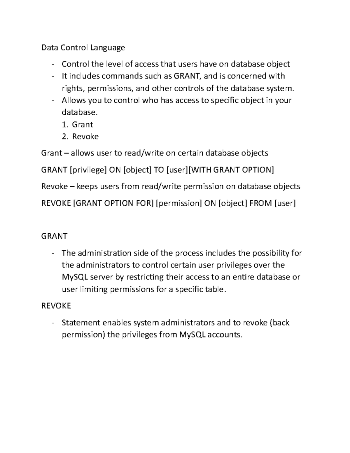 Structured Query Language DCL Statements - Data Control Language ...