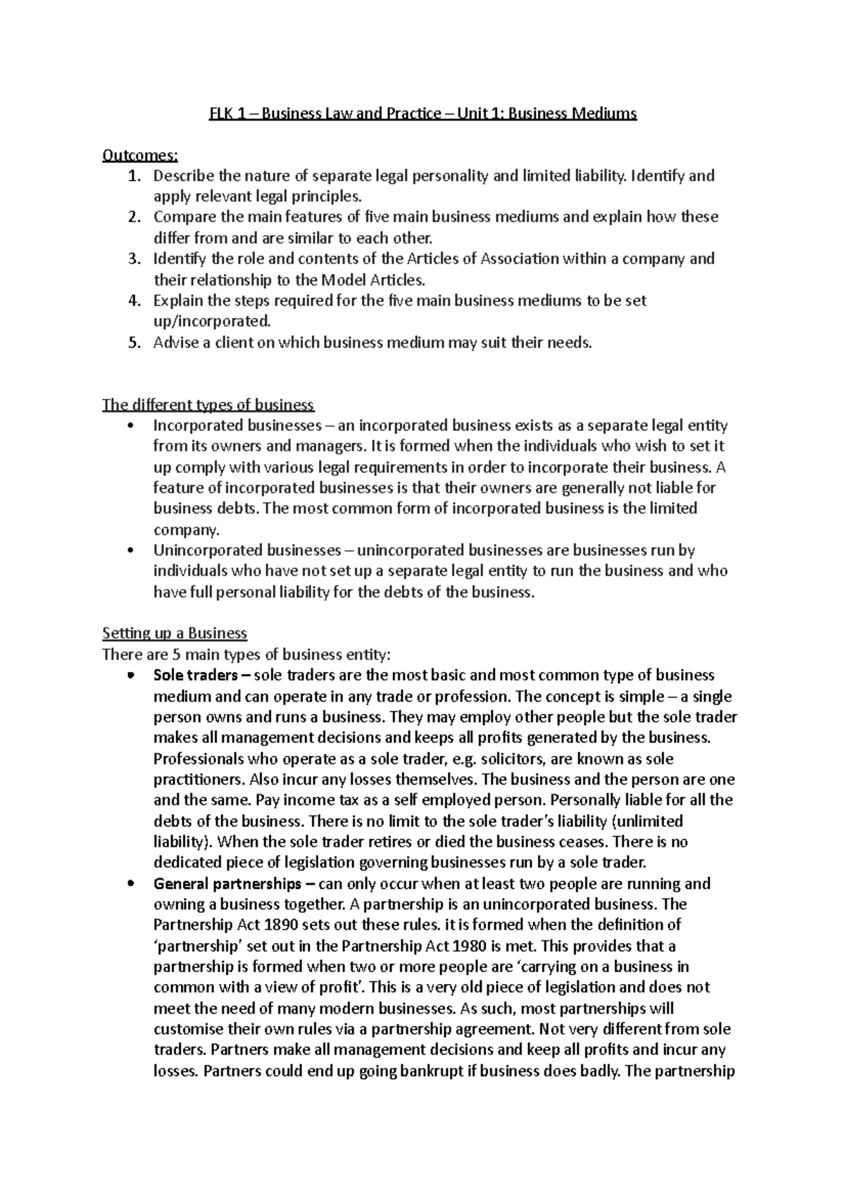 BLP - Unit 1 - Business Mediums - FLK 1 – Business Law and Practice ...
