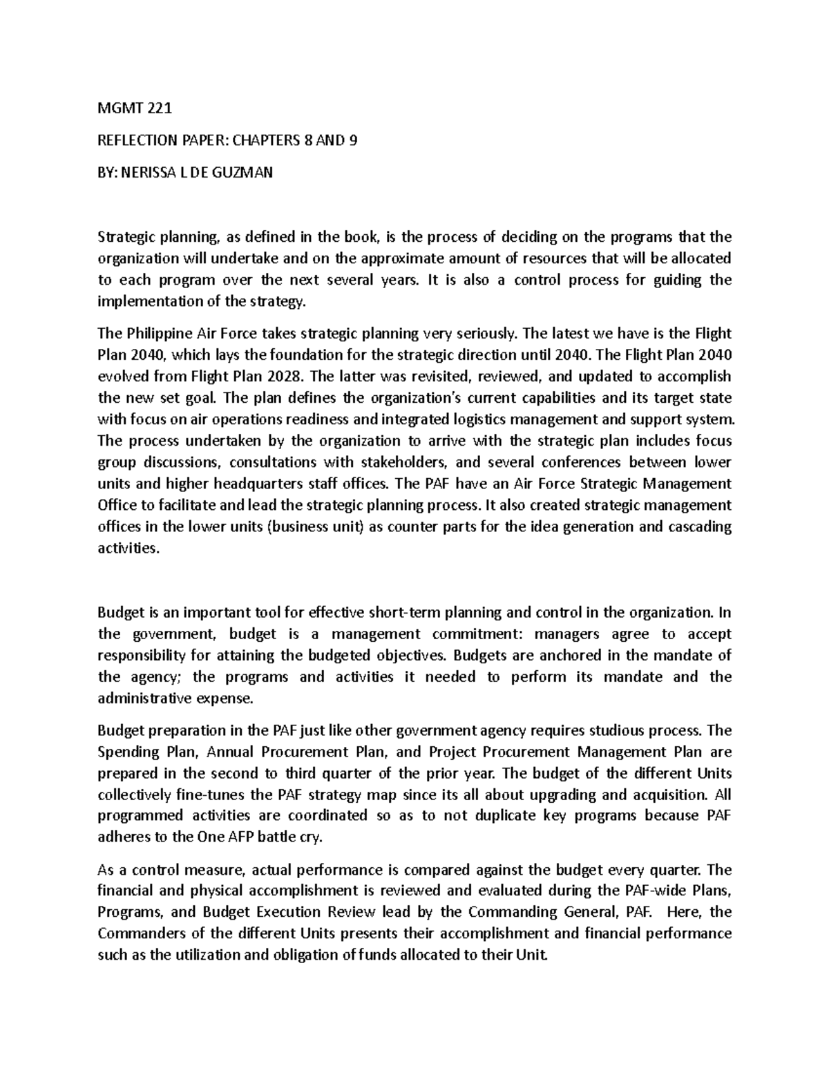 Reflection Paper CH 8 AND 9 - MGMT 221 REFLECTION PAPER: CHAPTERS 8 AND ...