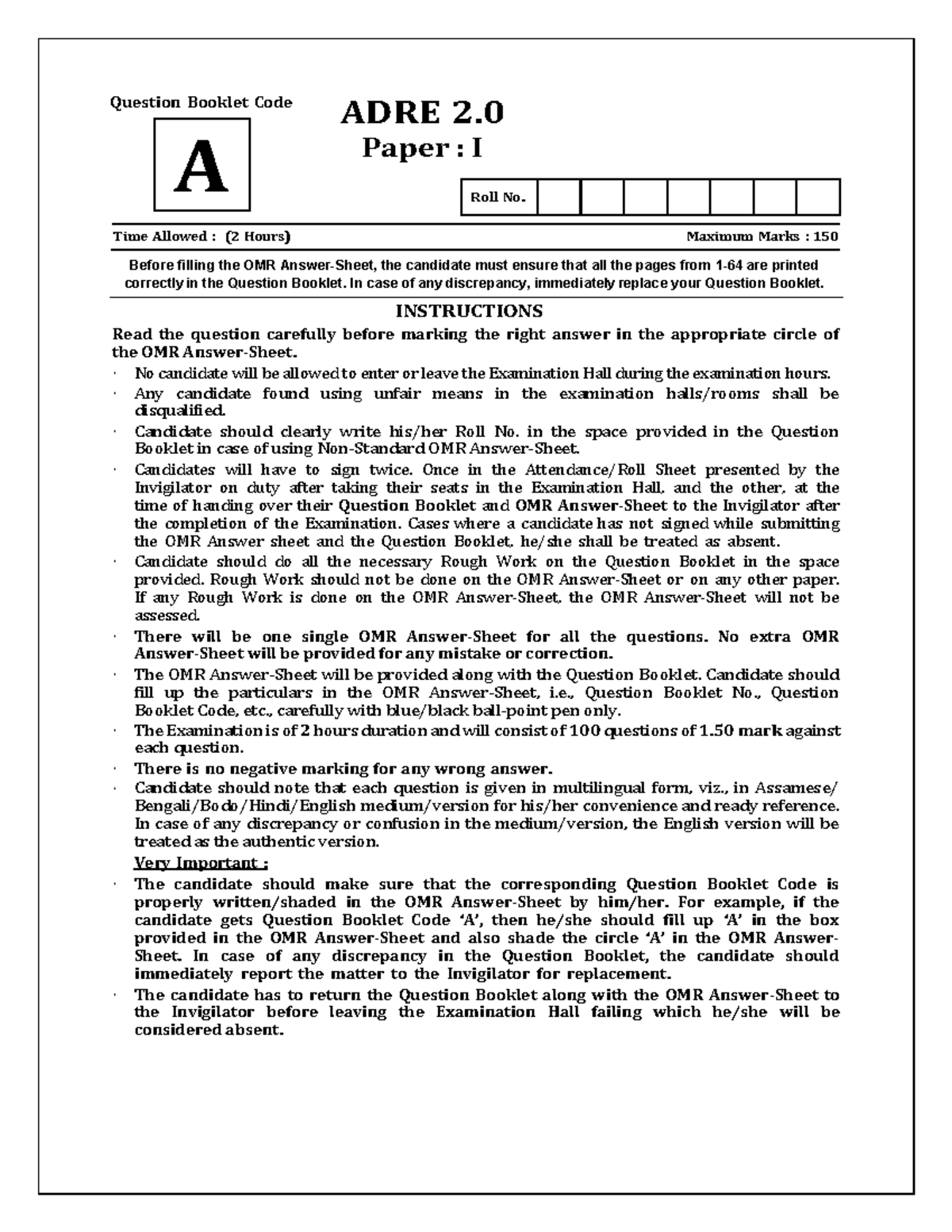 Sample-1 G3 - G 3 sample paper - Question Booklet Code ADRE 2. Paper ...