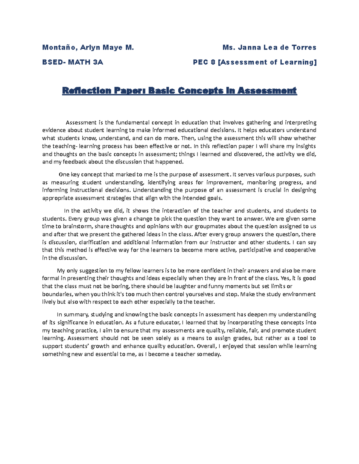 Reflection Essay 1 [PEC 8] - Montaño, Arlyn Maye M. BSED- MATH 3A Ms ...