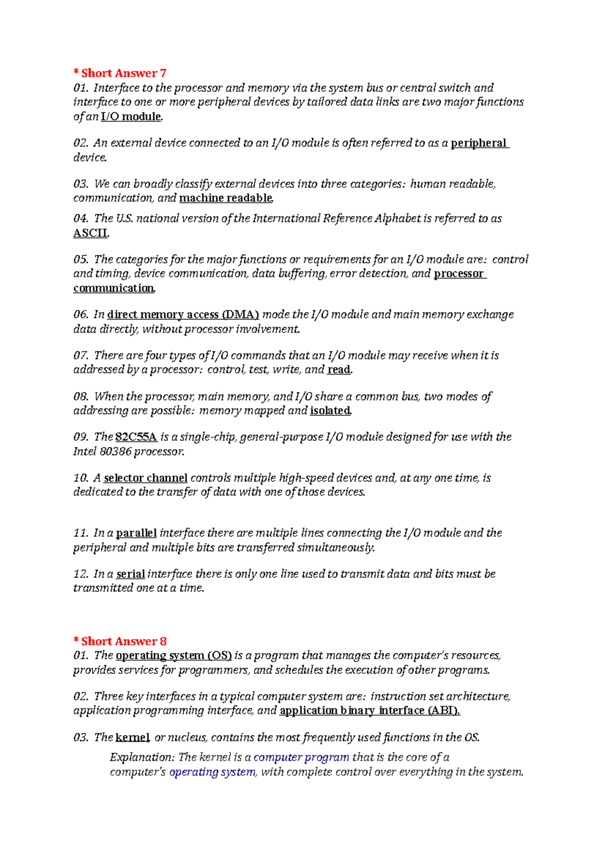 Short answer excersire 3 - Short Answer 7 Interface to the processor and memory via the system ...