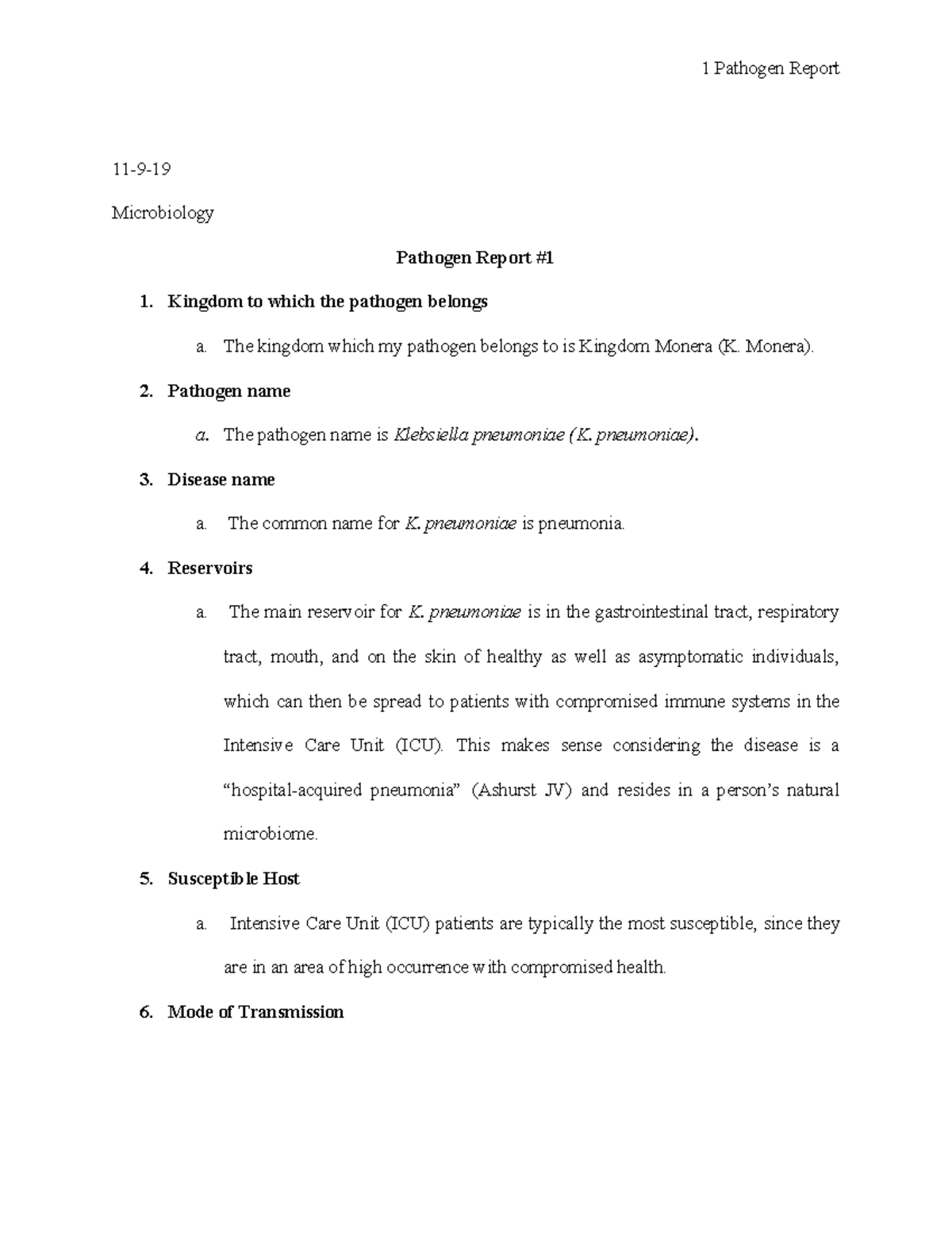Microbiology Pathogen Report #1 - 11-9- Microbiology **Pathogen Report ...