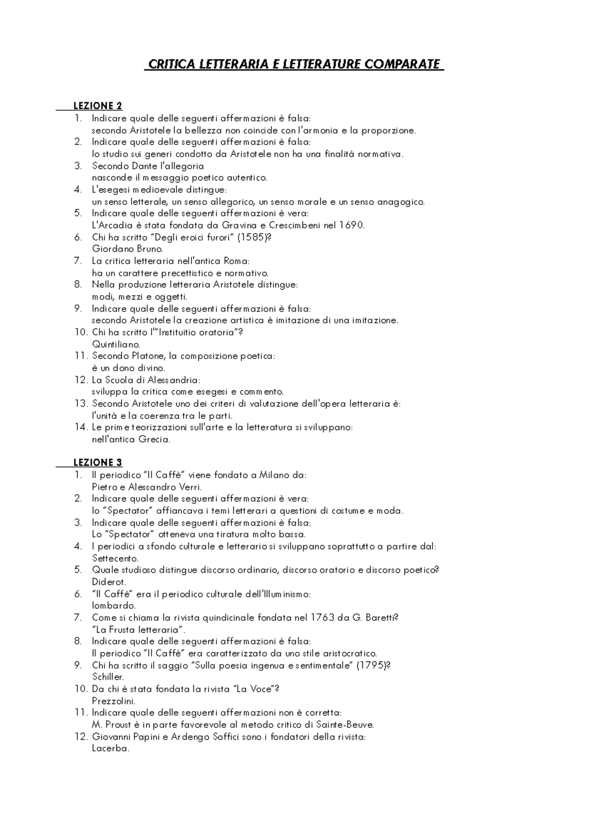 Ripasso Critica - CRITICA LETTERARIA E LETTERATURE COMPARATE LEZIONE 2 ...