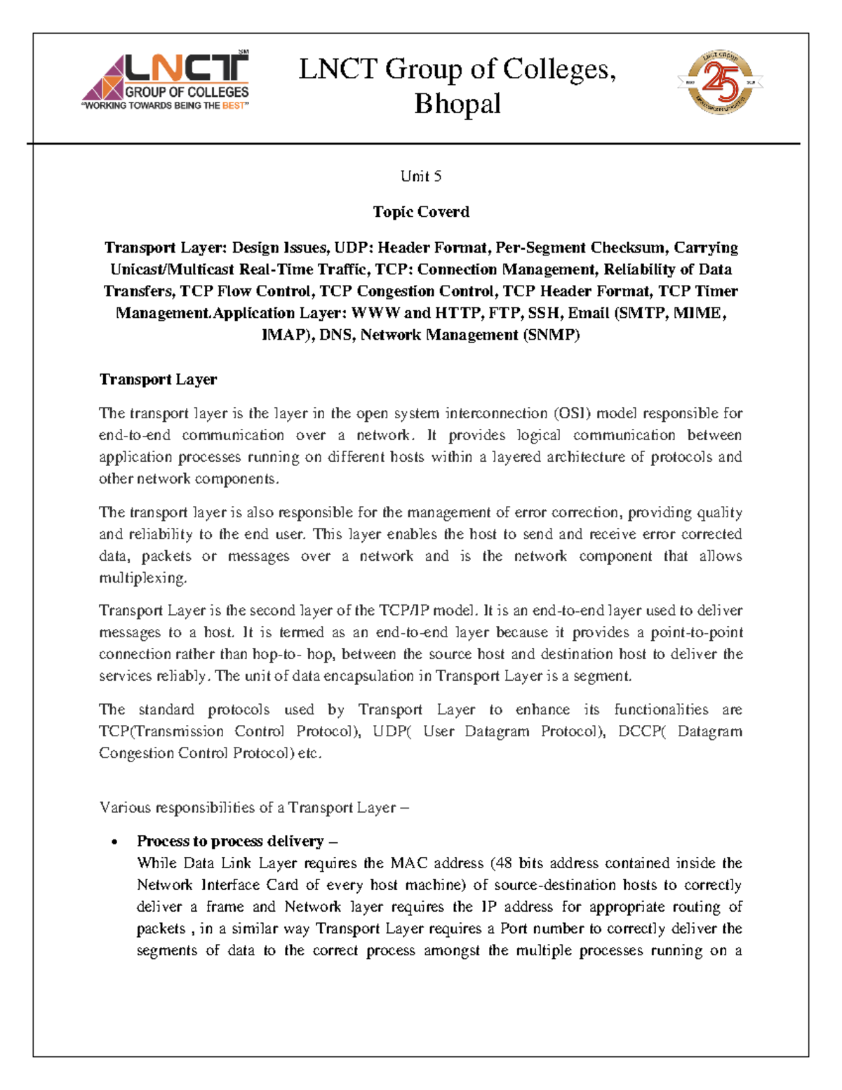 CS 602 Computer Network Unit 5 - Bhopal Unit 5 Topic Coverd Transport Layer: Design Issues, UDP ...