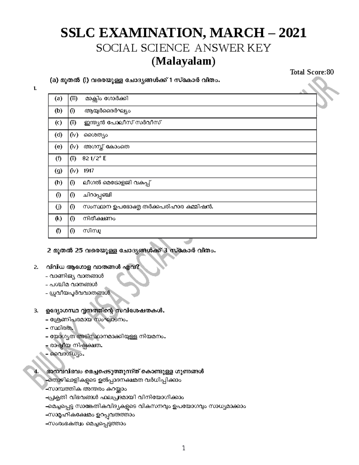SSLC Exam 2021 Social Science Answer Key Malayalam Medium By Biju Sir