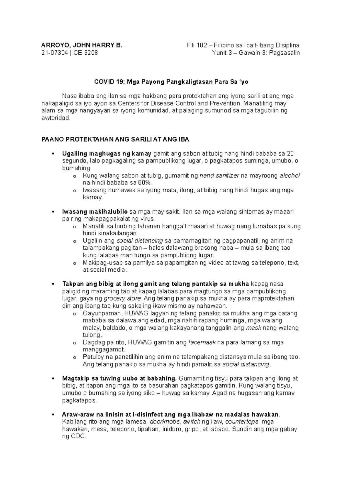 Gawain 3 - Pagsasalin - This is a Filipino translation of an English ...