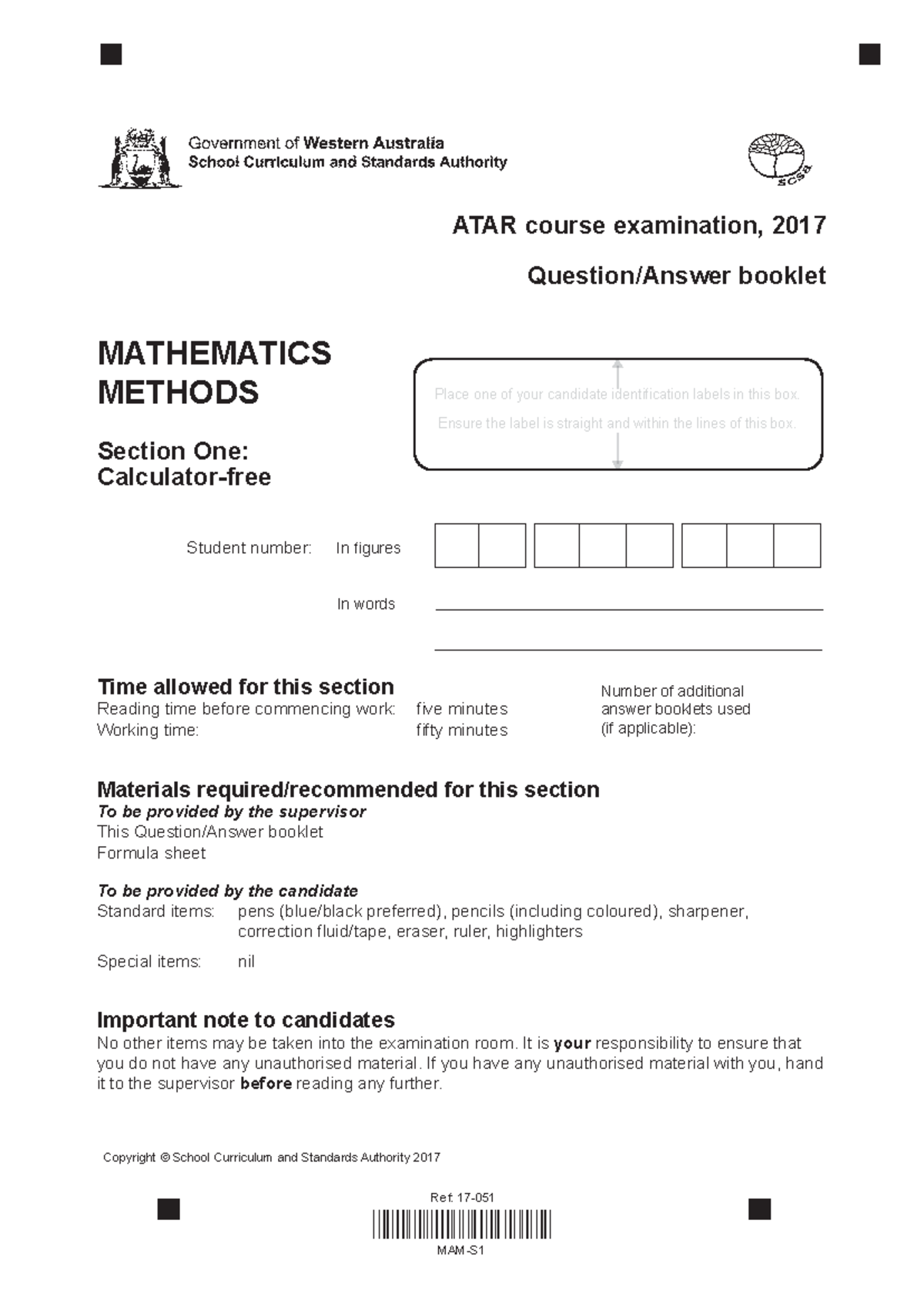 Mathematics Methods Calc Free exam 2017 - Student number: In figures In ...