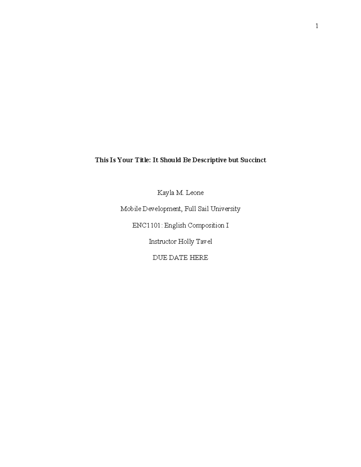 APA Format - Assignment example 100 - This Is Your Title: It Should Be ...