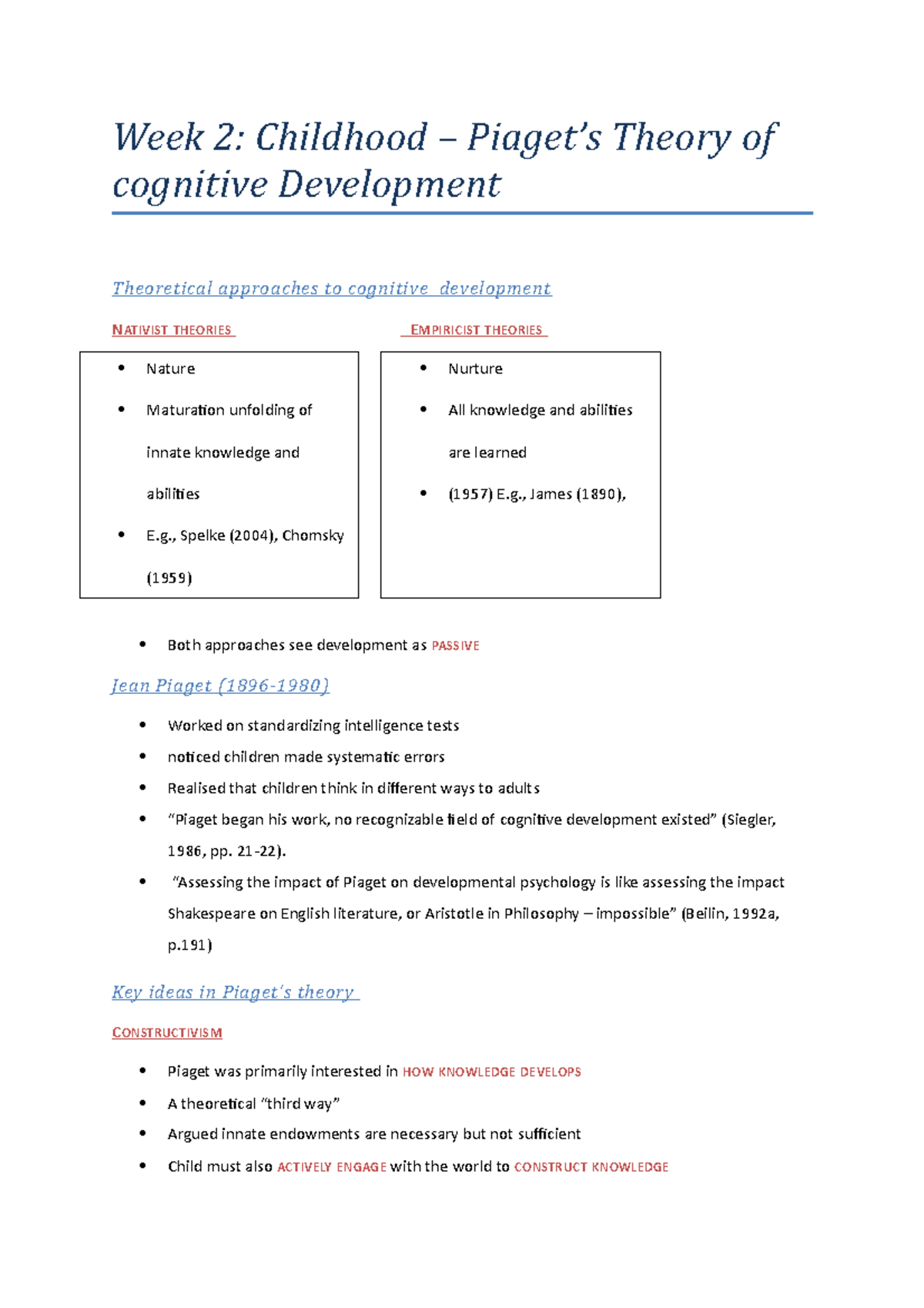 Week 2 - piaget thery of cognitive development - Week 2: Childhood ...
