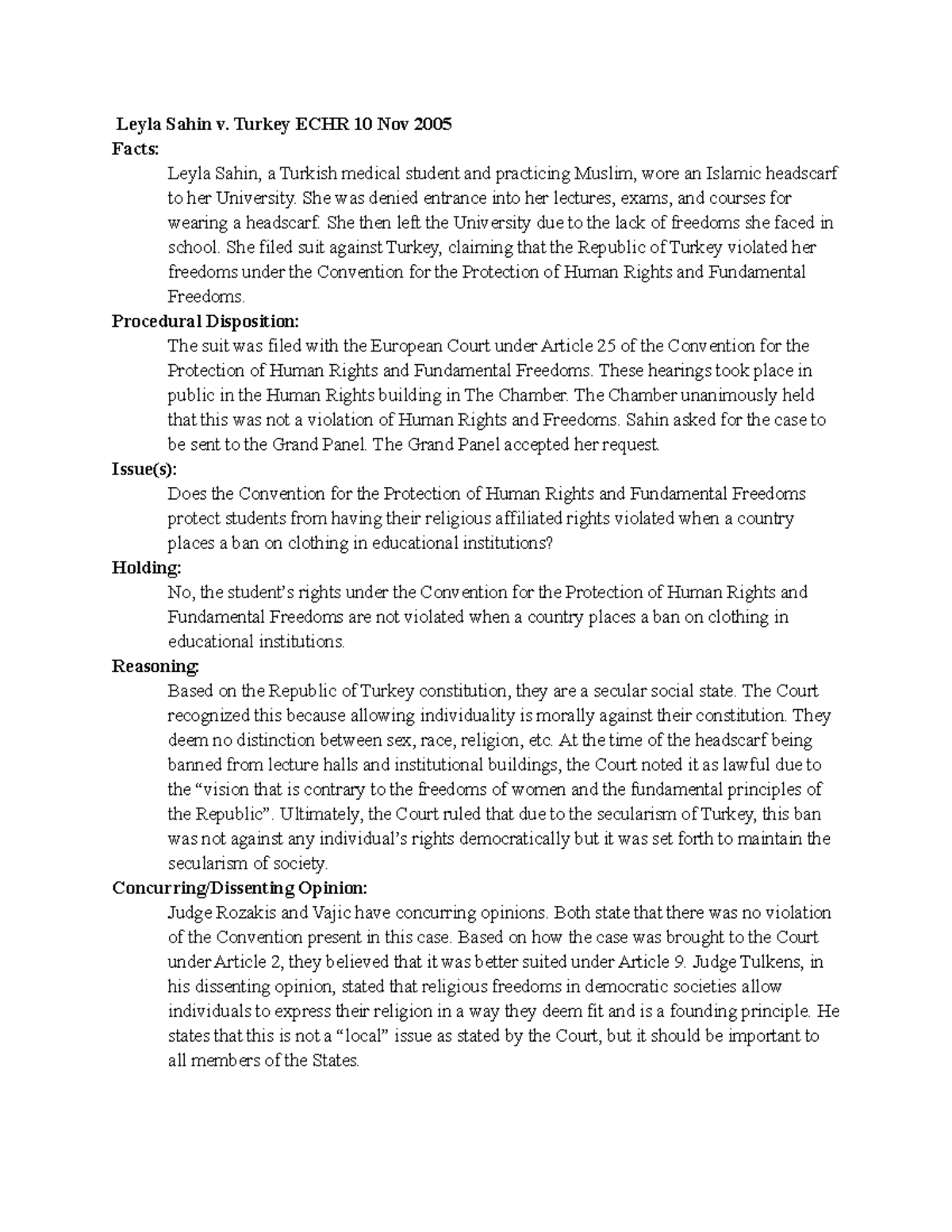 Leyla Sahin - Case Brief - Leyla Sahin v. Turkey ECHR 10 Nov 2005 Facts ...