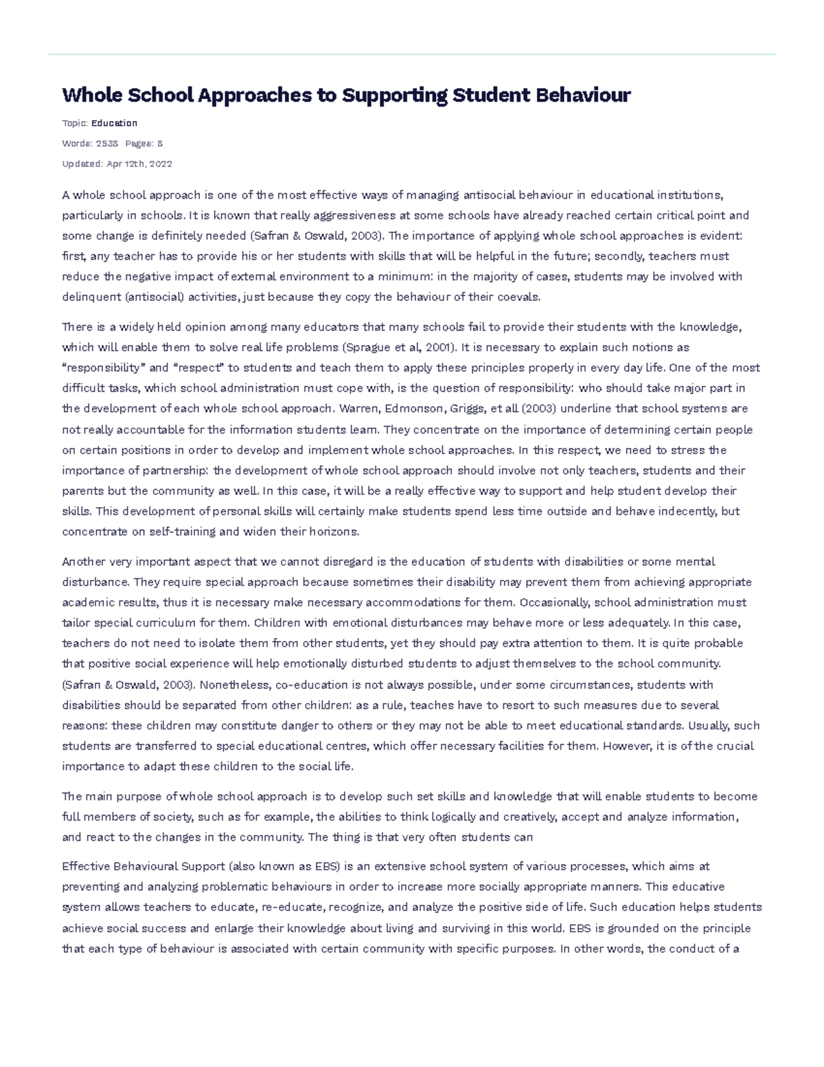 Whole School Approaches to Supporting Student Behaviour Free Essay ...