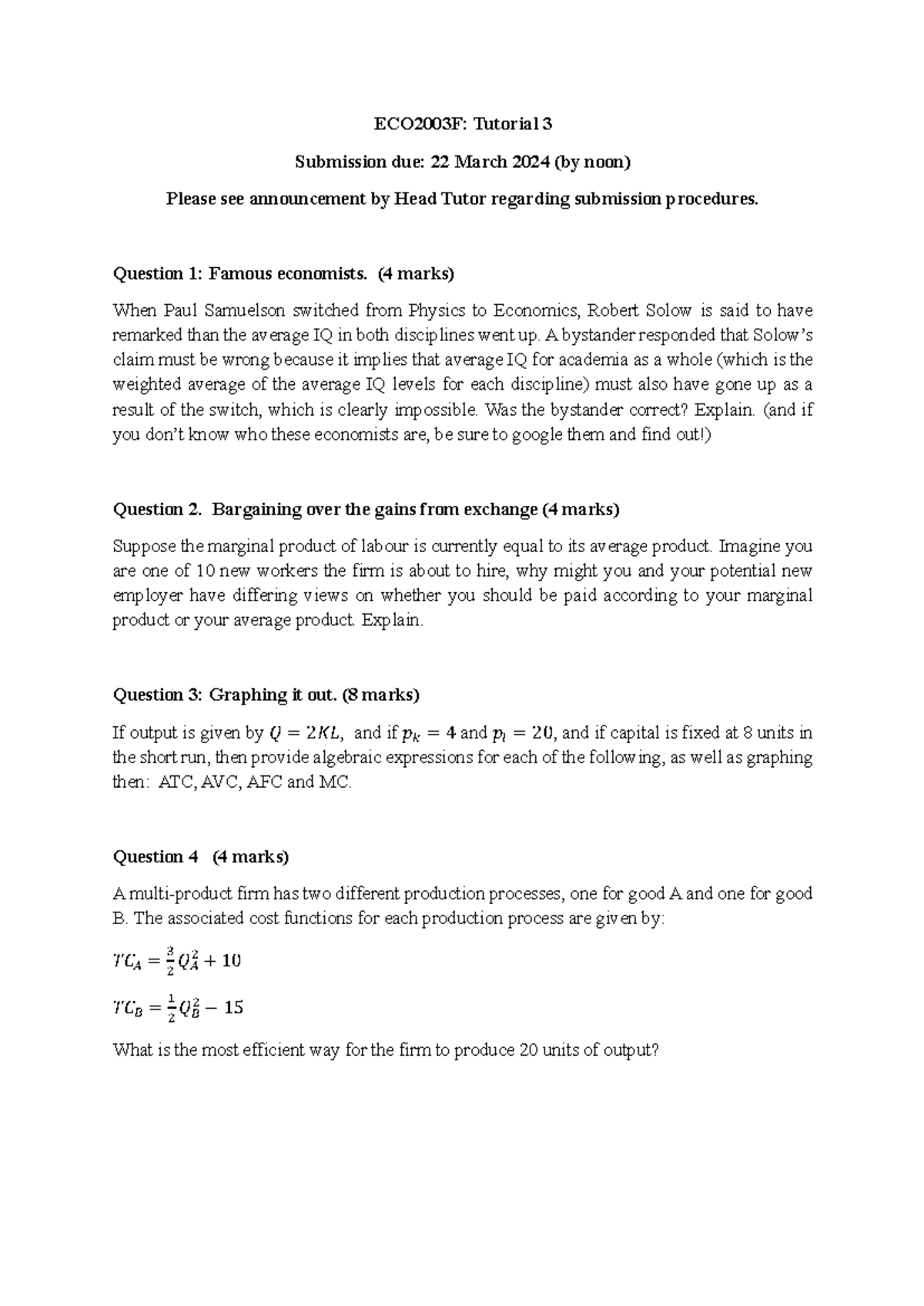 ECO2003 F tut3 - ECO2003F: Tutorial 3 Submission due: 22 March 2024 (by noon) Please see - Studocu