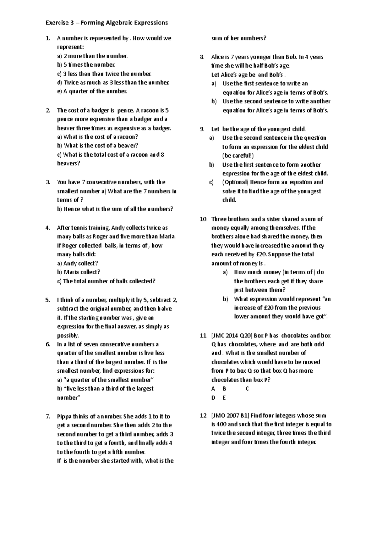 Yr7-Forming Algebraic Expressions-Ex3 - Exercise 3 – Forming Algebraic ...