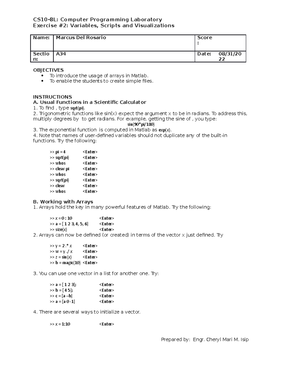 Del Rosario MP2 - Machine Problem 2 - Exercise #2: Variables, Scripts and Visualizations Name ...