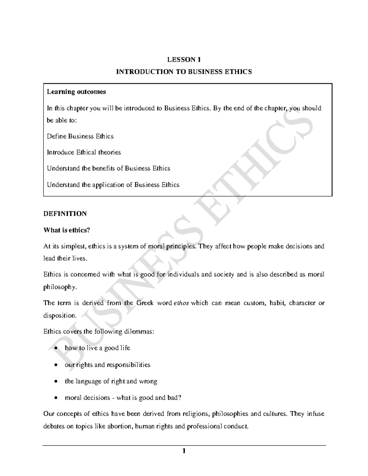 Business Ethics AND Cooporatwe Governance Lesson 1 - LESSON 1 ...