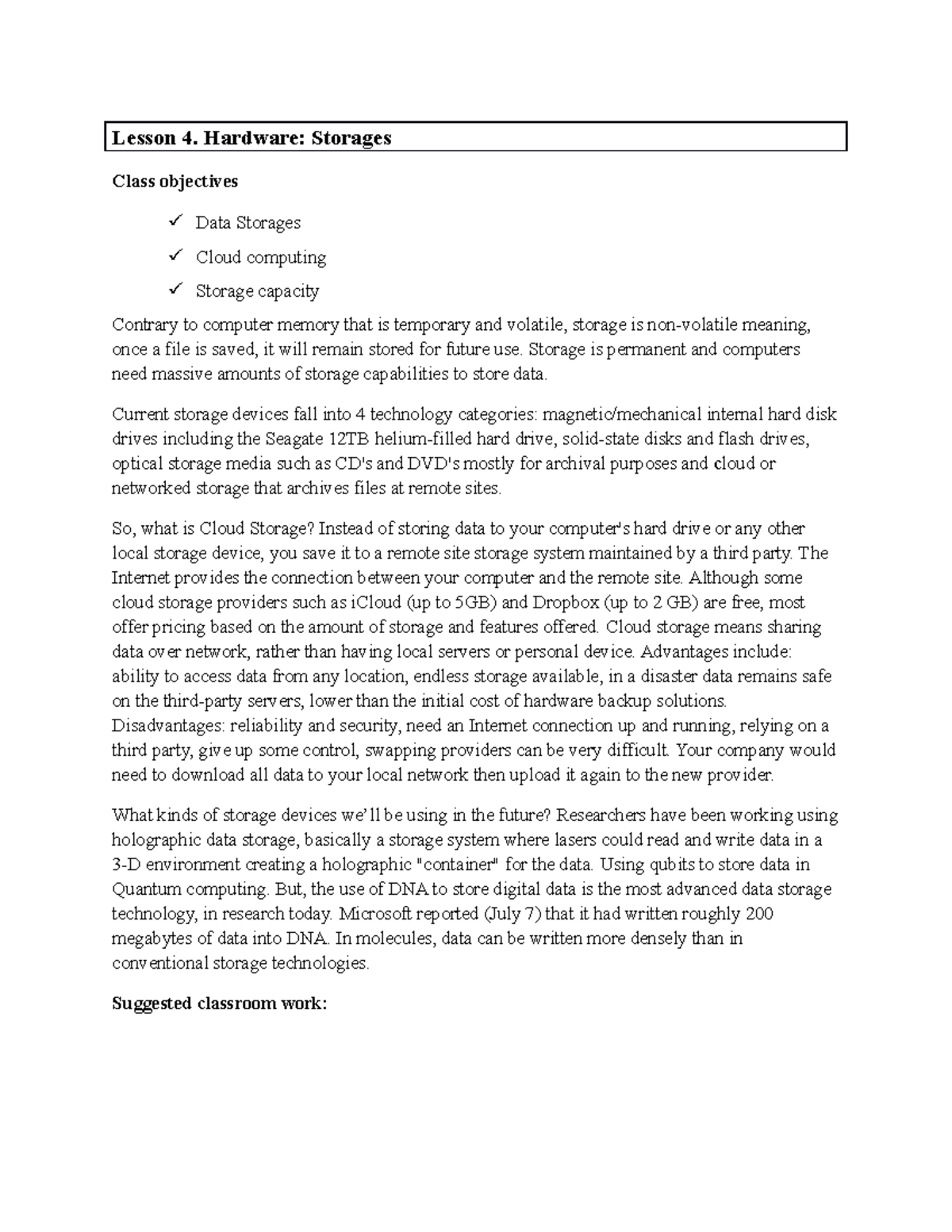 Lesson 4 Hardware- Storages - Lesson 4. Hardware: Storages Class ...