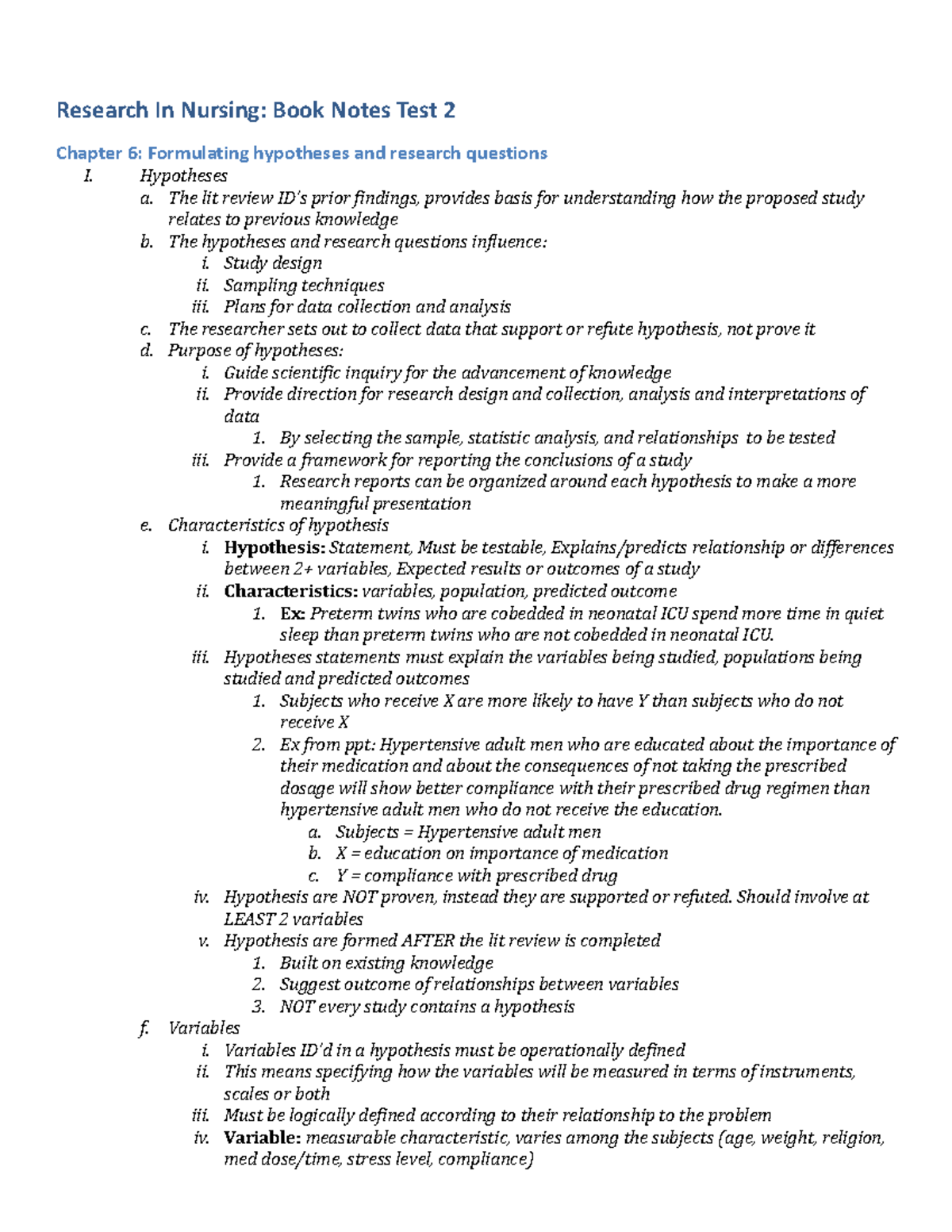 Research In Nursing book notes - Hypotheses a. The lit review ID’s ...