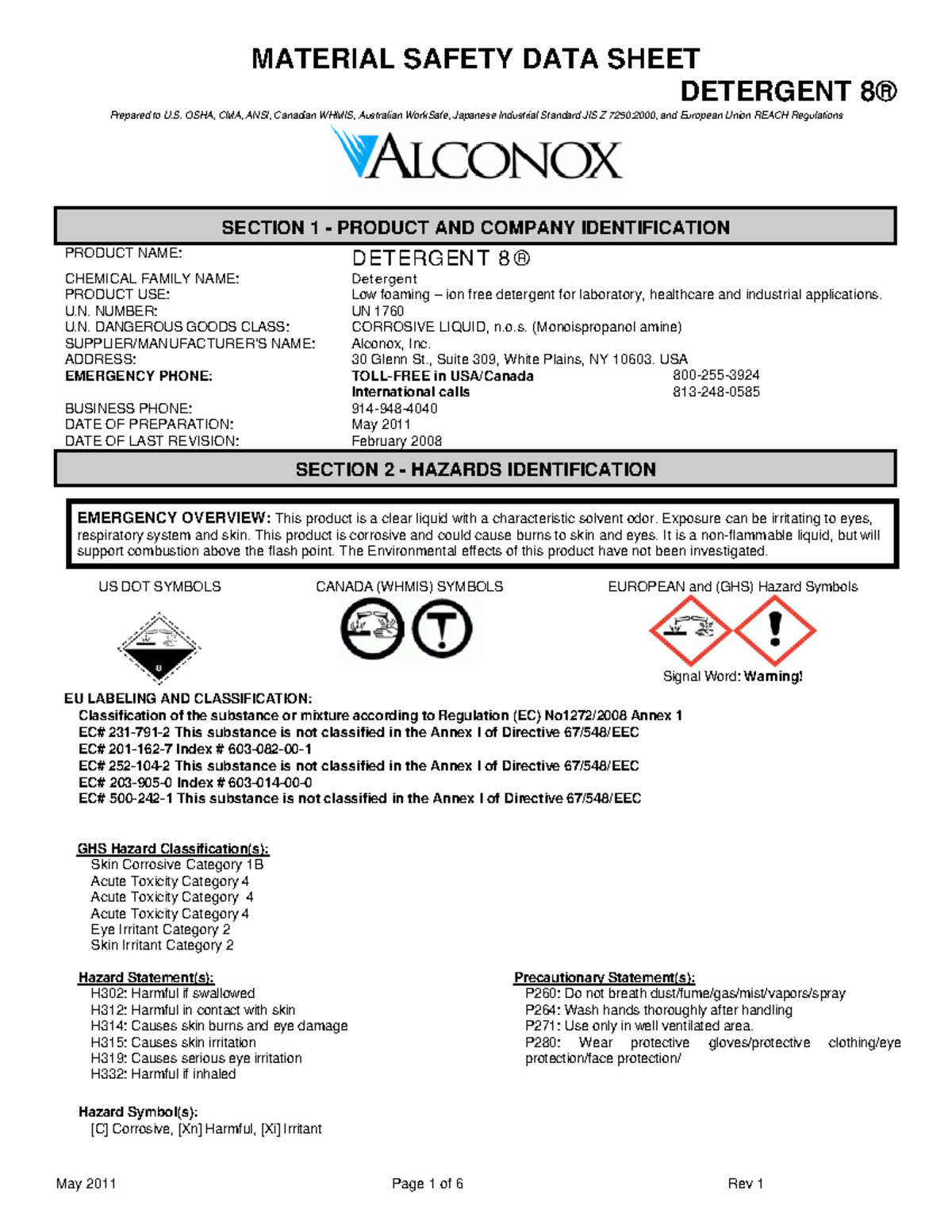 Sds01140 - msds - DETERGENT 8® Prepared to U. OSHA, CMA, ANSI, Canadian ...